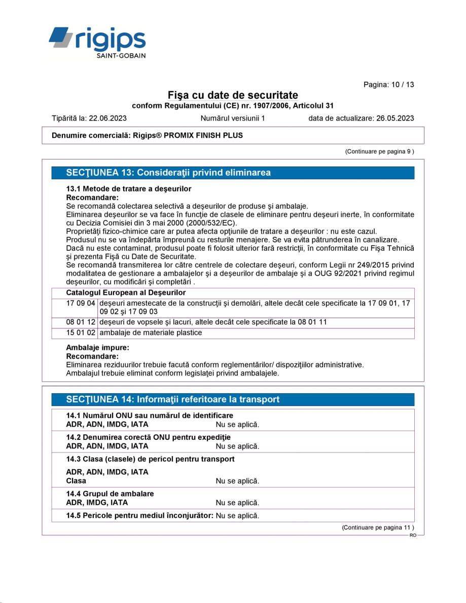 Fisa cu datele de securitate pentru glet de finisare gata preparat ...