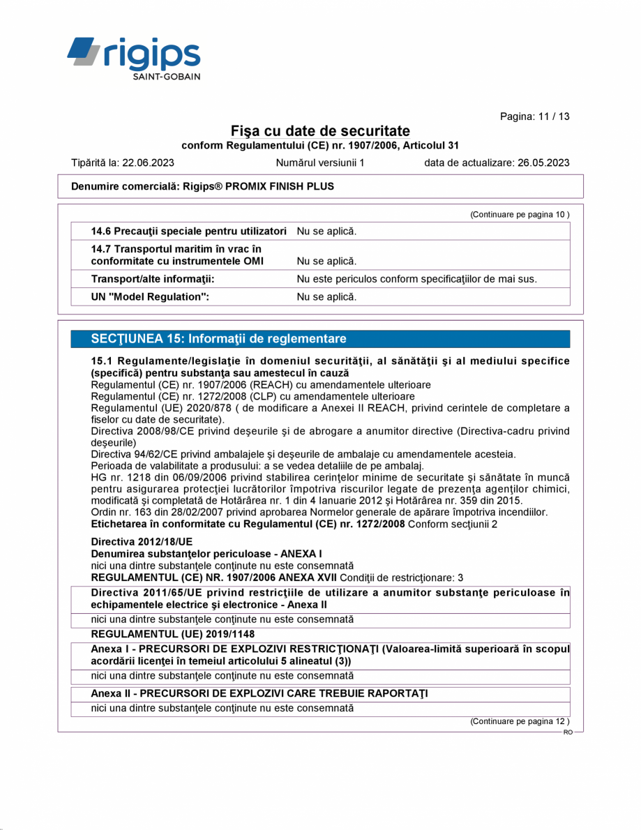 Fisa cu datele de securitate pentru glet de finisare gata preparat ...