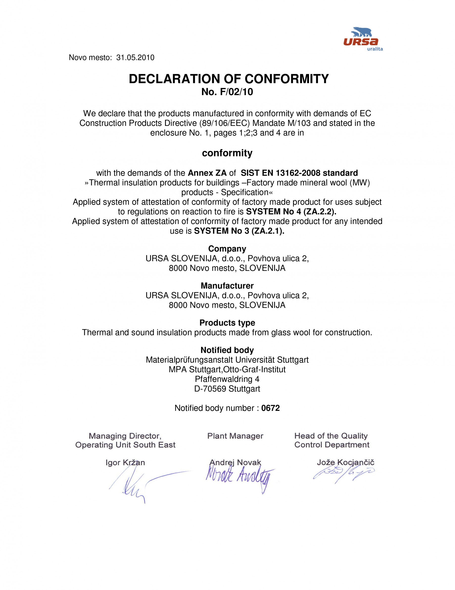 Certificat de conformitate F/02/10 Certificare produs Engleza