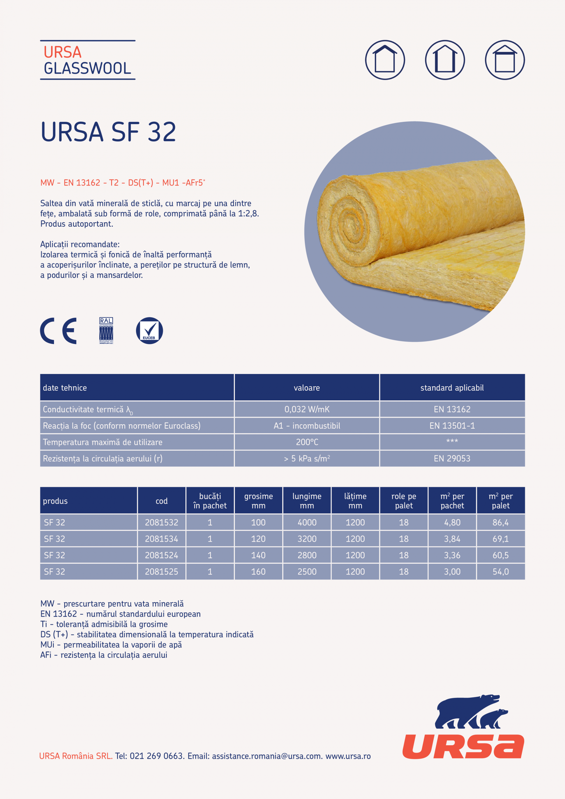 Saltea autoportanta din vata minerala de sticla URSA GLASSWOOL SF 32 ...
