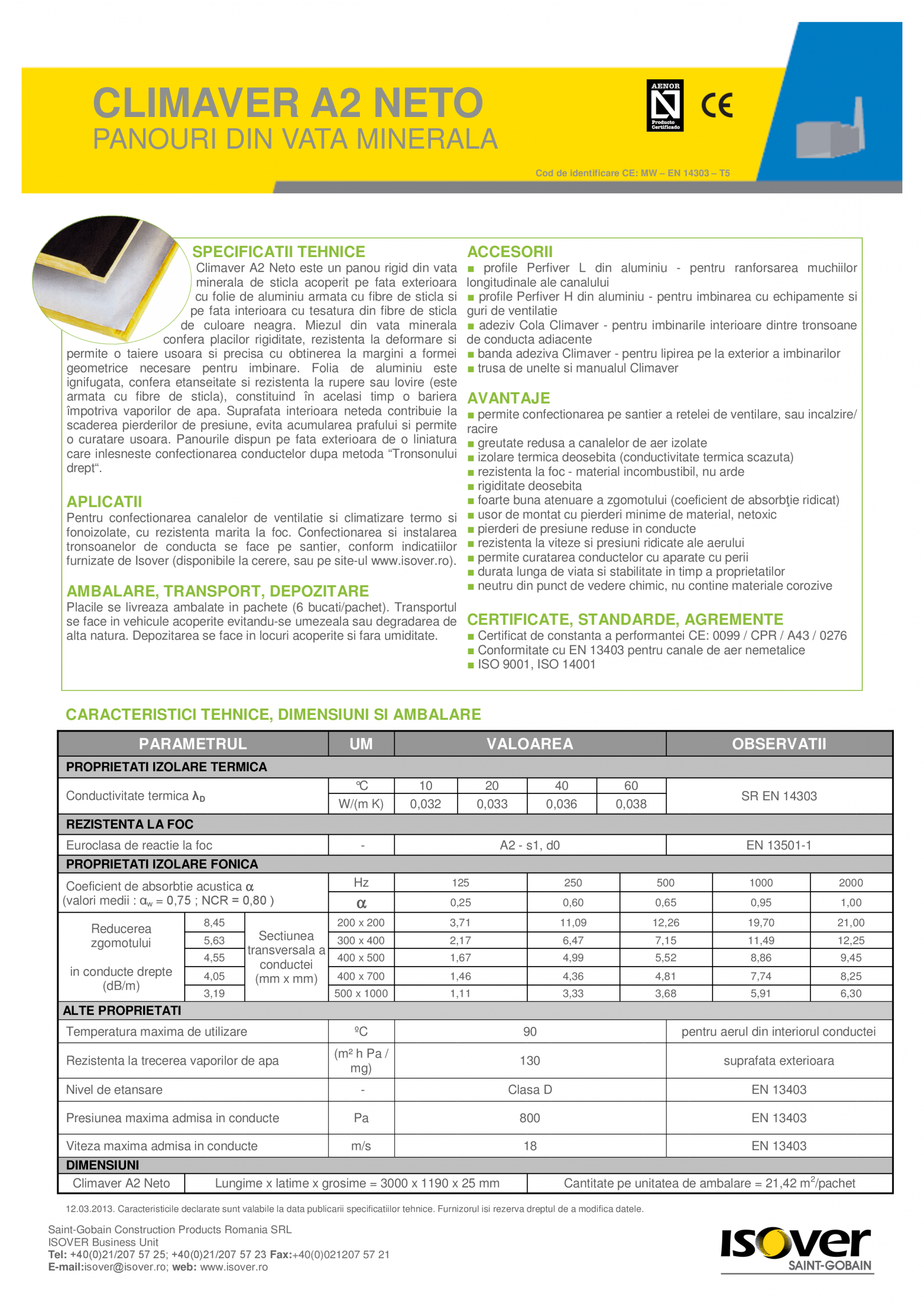 Panouri rigide din vata minerala de sticla ISOVER Climaver A2 Neto Fisa ...