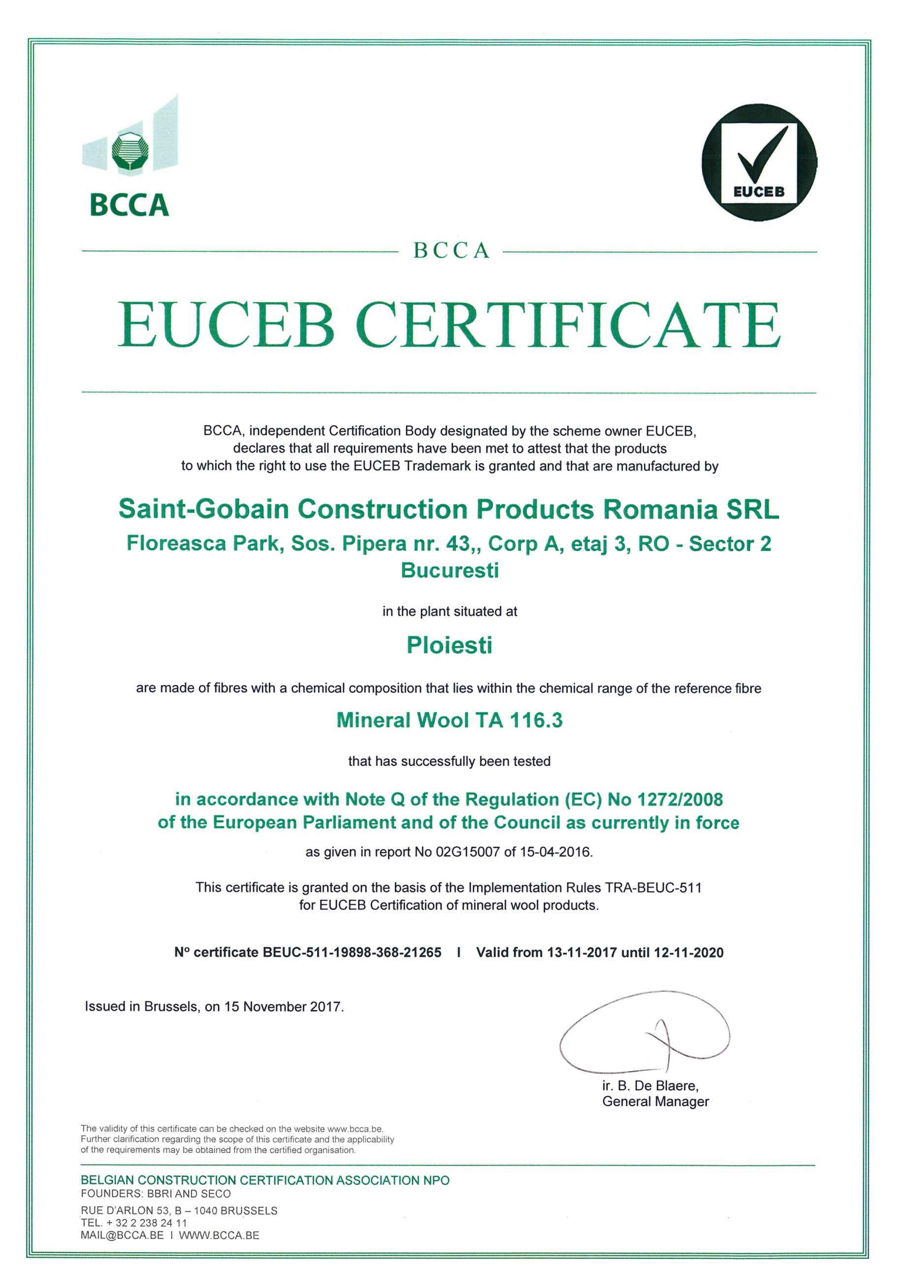 Certificat EUCEB ISOVER PLA NT Certificare produs