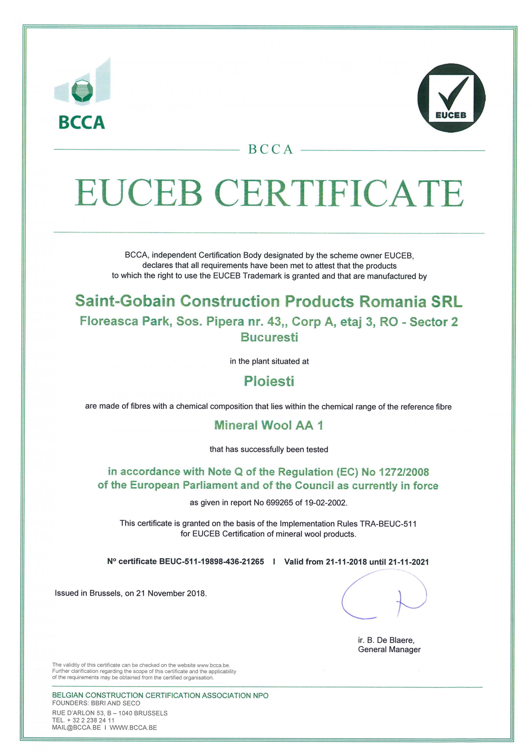 Ceretificat EUCEB pentru vata minerala de sticla ISOVER RIO PLUS, RIO ALU Certificare produs Engleza