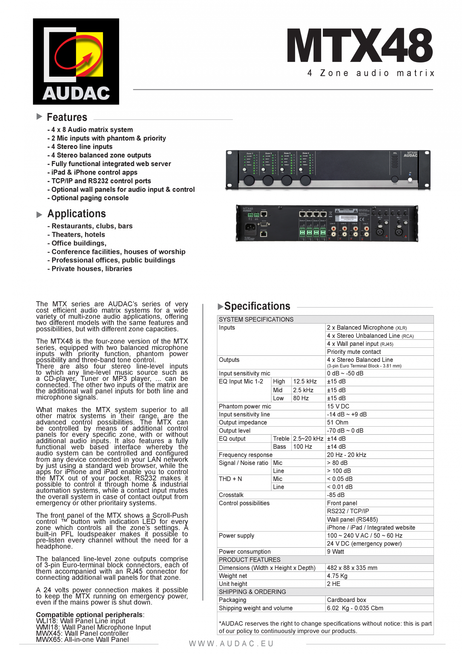 Sistem audio tip matrice AUDAC MTX48 Fisa tehnica Engleza