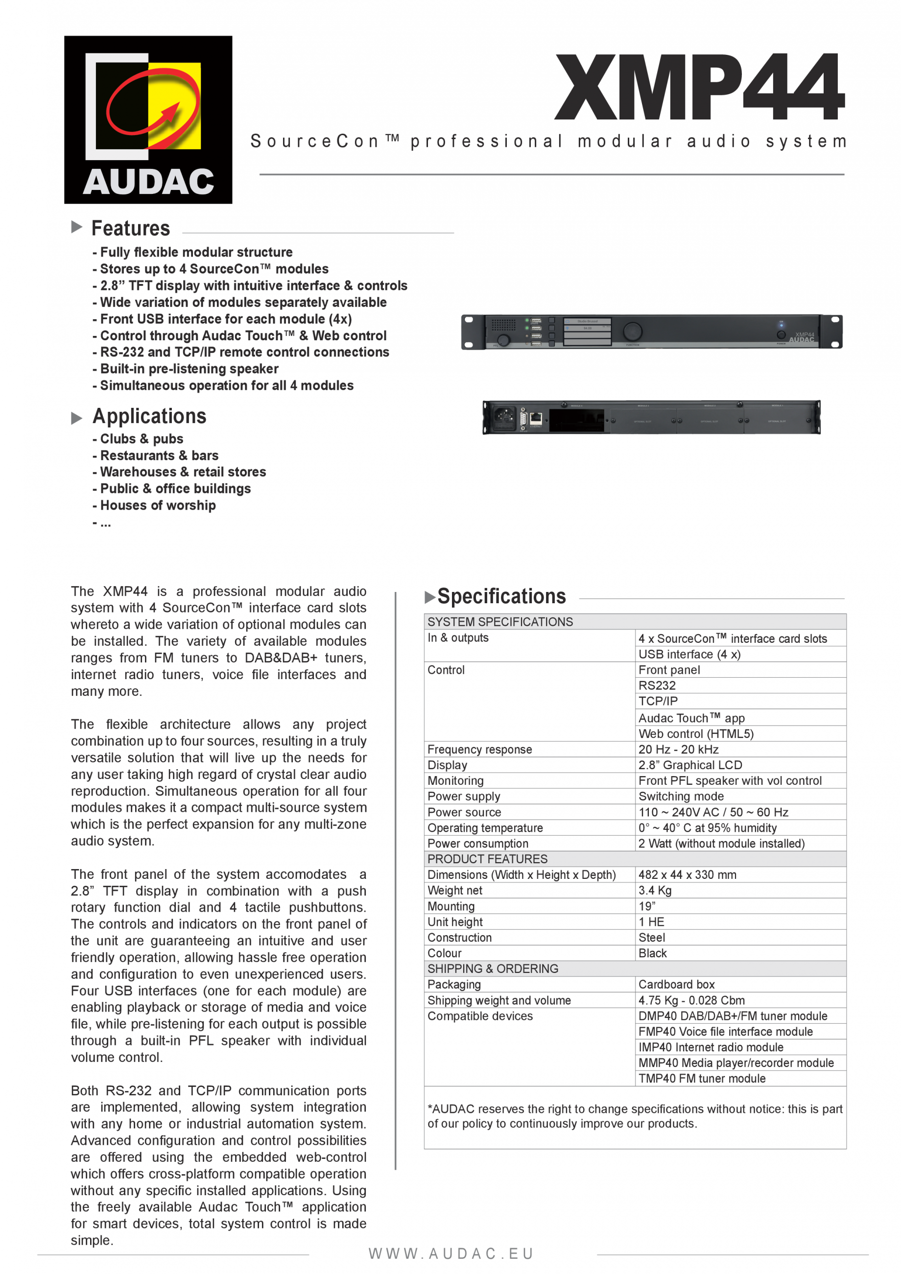 Sistem audio modular profesional AUDAC XMP44 Fisa tehnica Engleza