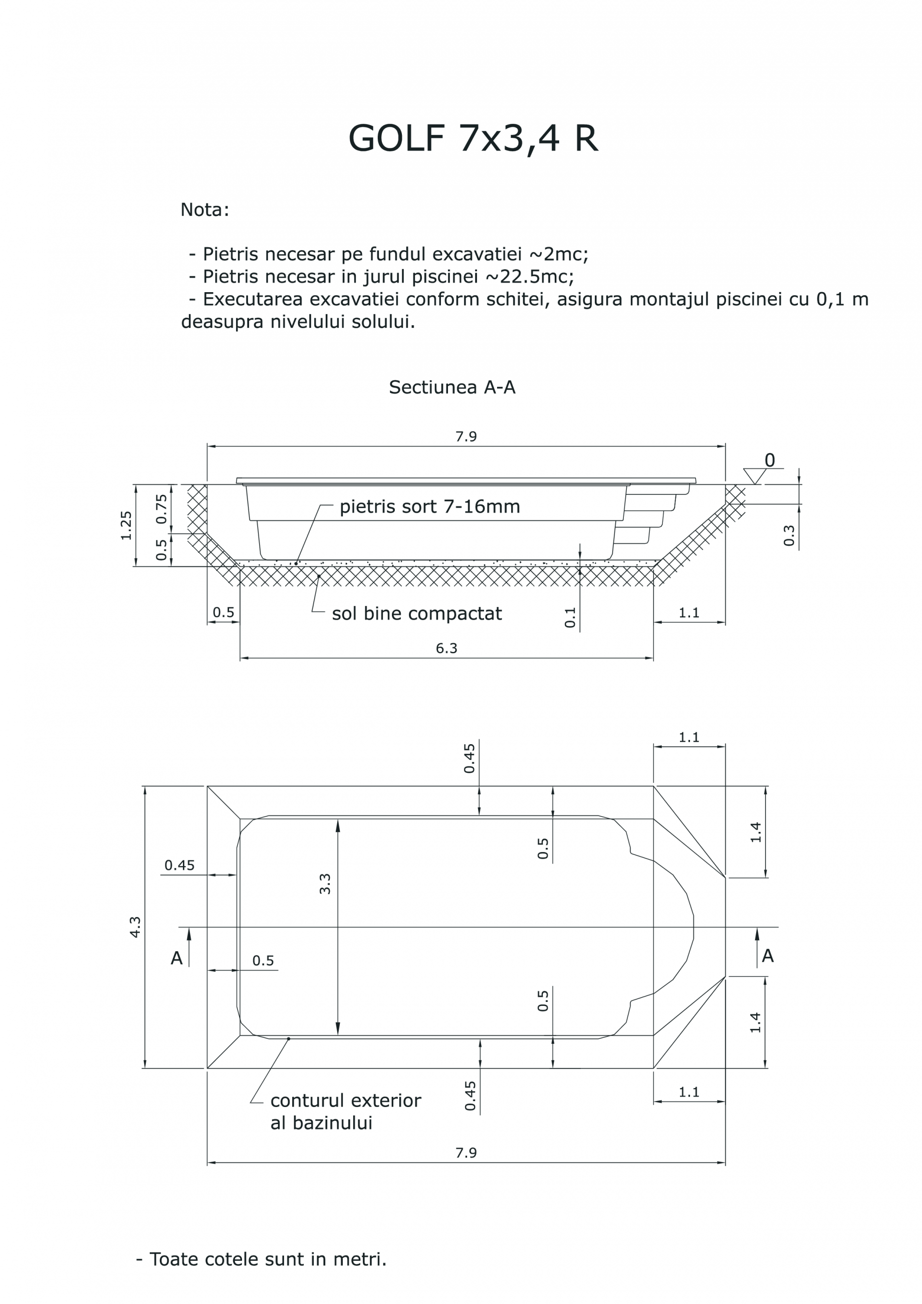 CAD-PDF Schita excavatie piscina Golf 7X3,4 R SKYMIRROR Detaliu de montaj