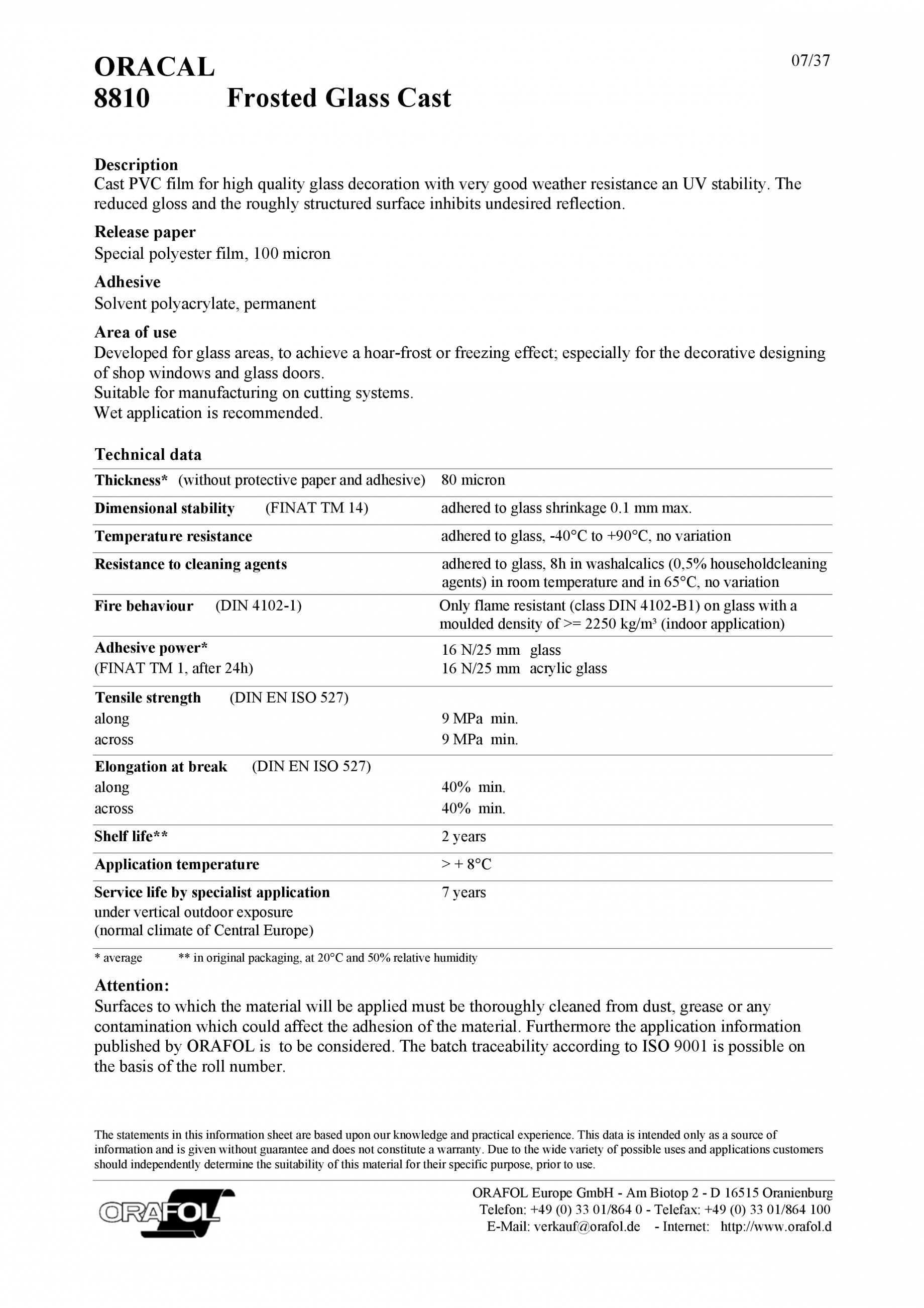 Folie autoadeziva – imitatie geam inghetat ORAFOL 8810 Fisa tehnica Engleza