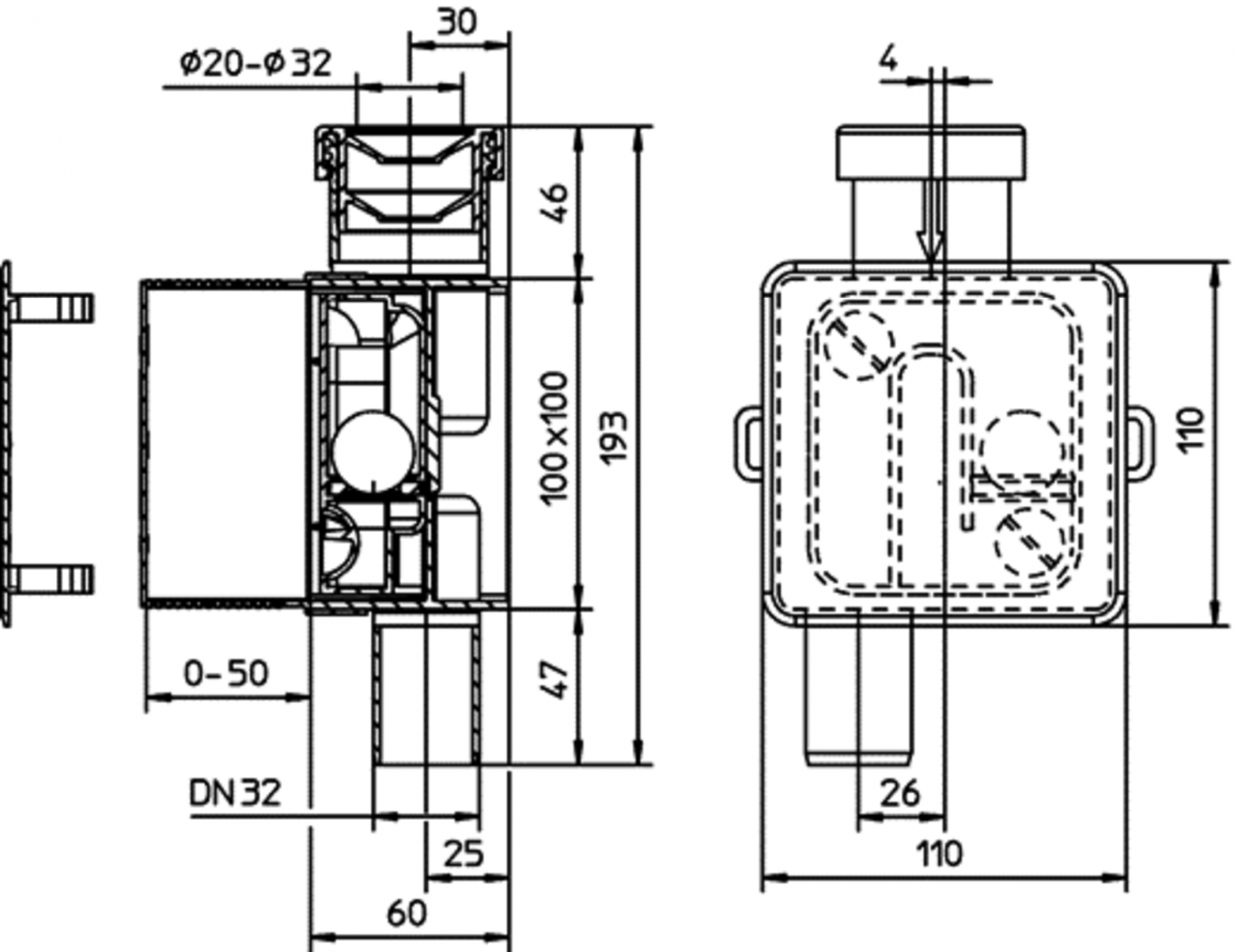 Sifon pentru condens, montaj ingropat - desen tehnic HL Hutterer & Lechner HL138 Fisa tehnica