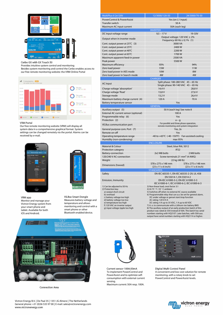 Invertor/incarcator Victron Energy MultiPlus-II 2x 120V Fisa tehnica Engleza