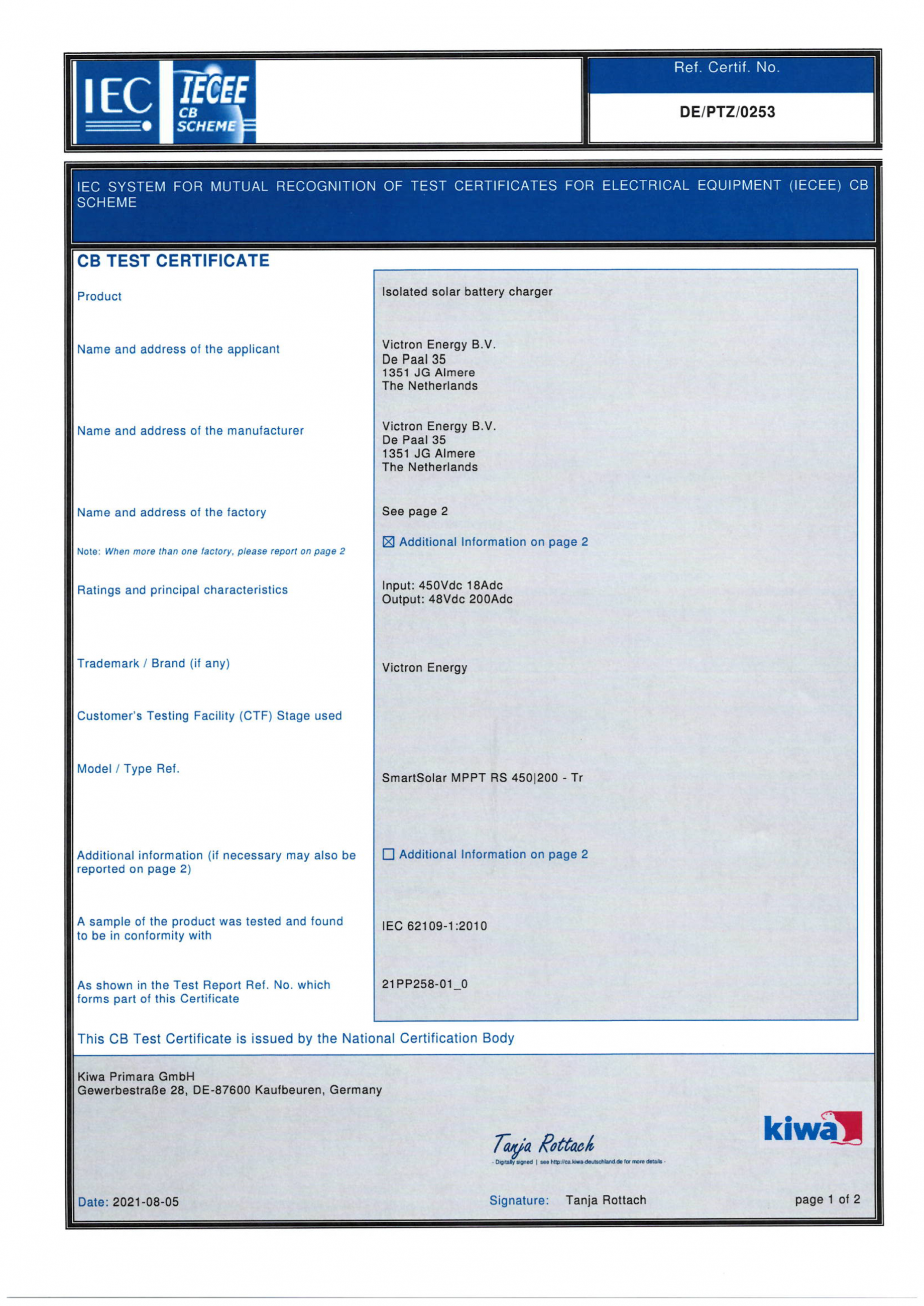 Certificat CB -IEC-62109-1 pentru regulatoare de incarcare solara ...