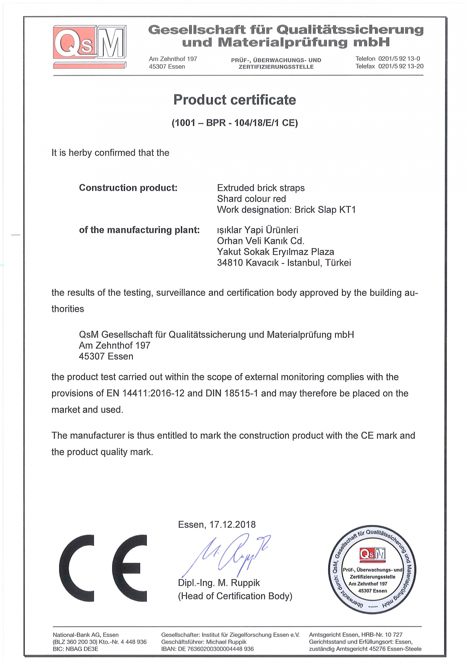 Caramida aparenta - Marcaj - CE - nr. 1001 - BPR - 104/18/E/1 IŞIKLAR ...