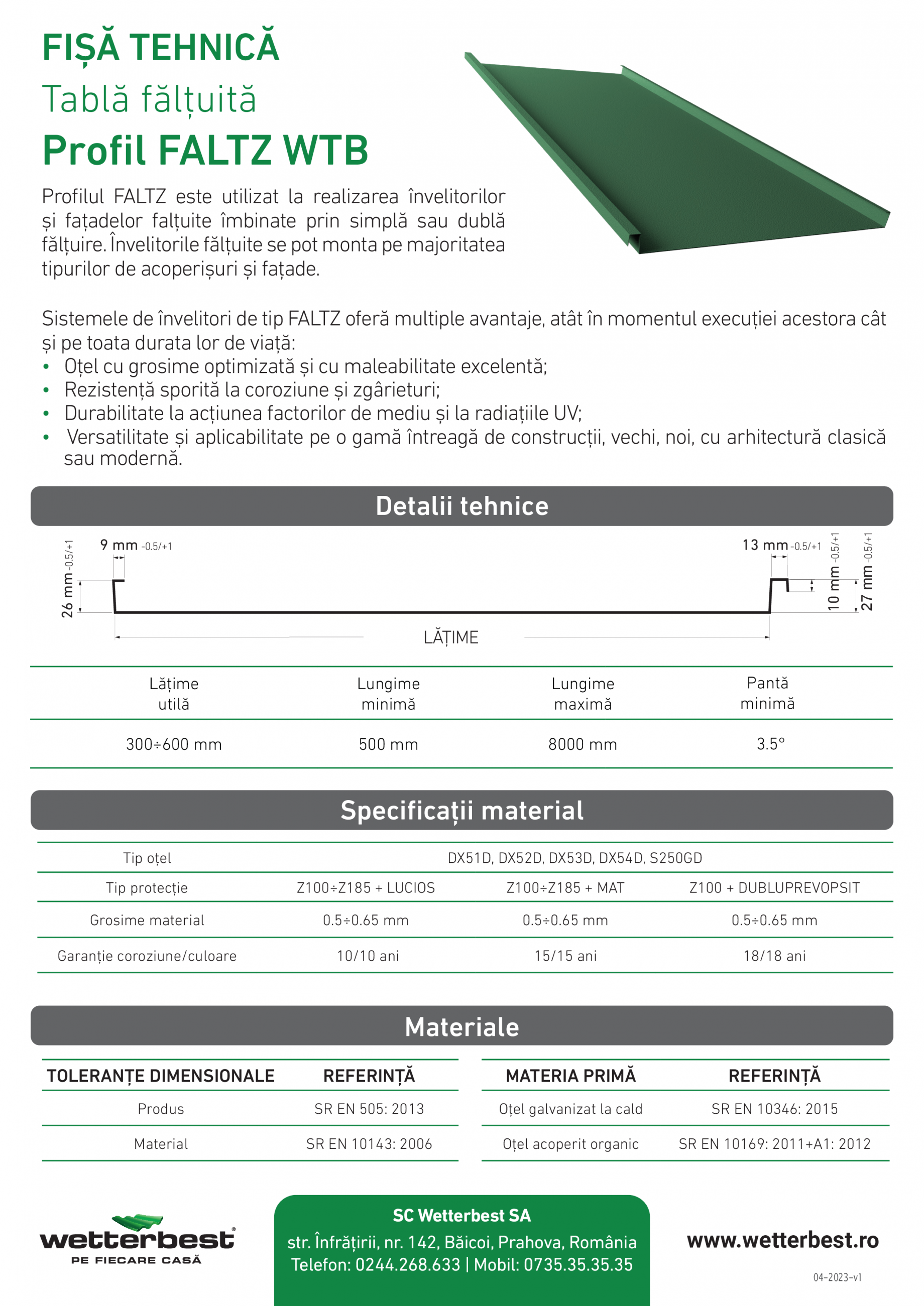 Fisa tehnica - Tabla faltuita Profil FALTZ WTB Wetterbest Fisa tehnica Romana