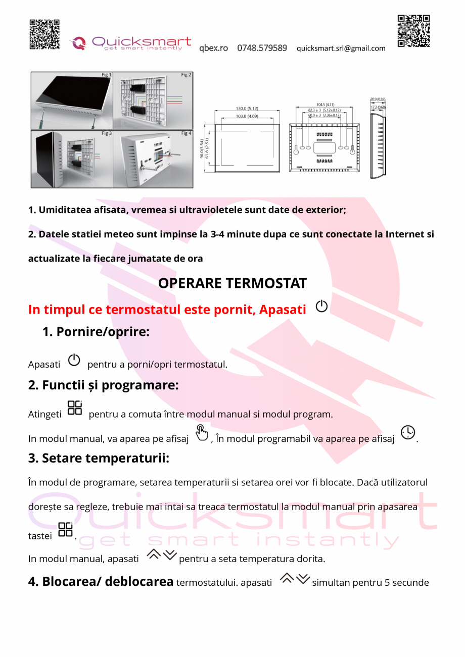 Manual termostat Q8000WM QUICKSMART Instructiuni montaj, utilizare Romana