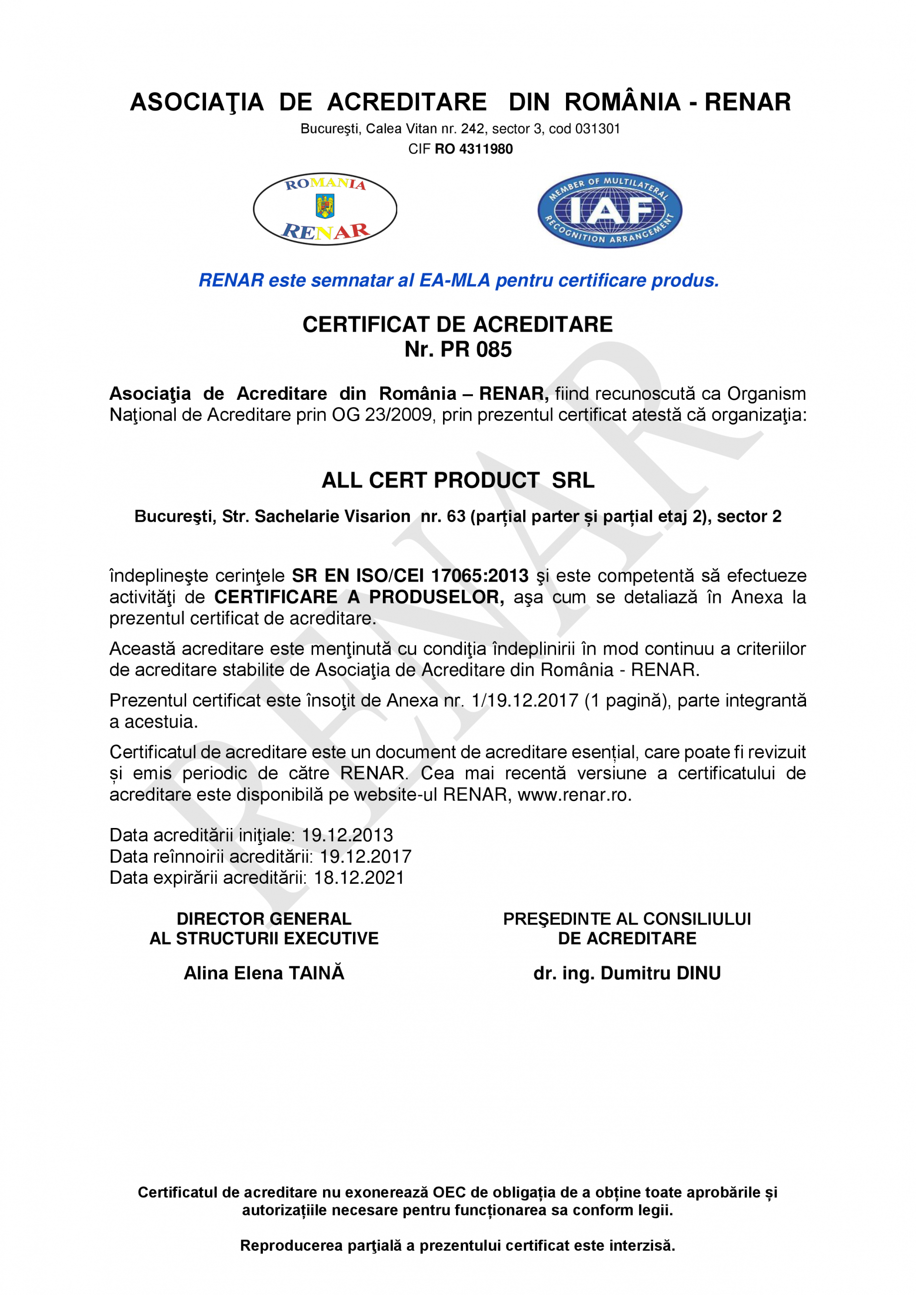 CERTIFICAT DE ACREDITARE Nr. PR 085 - ALL CERT PRODUCT 2017.12.14 ALL ...