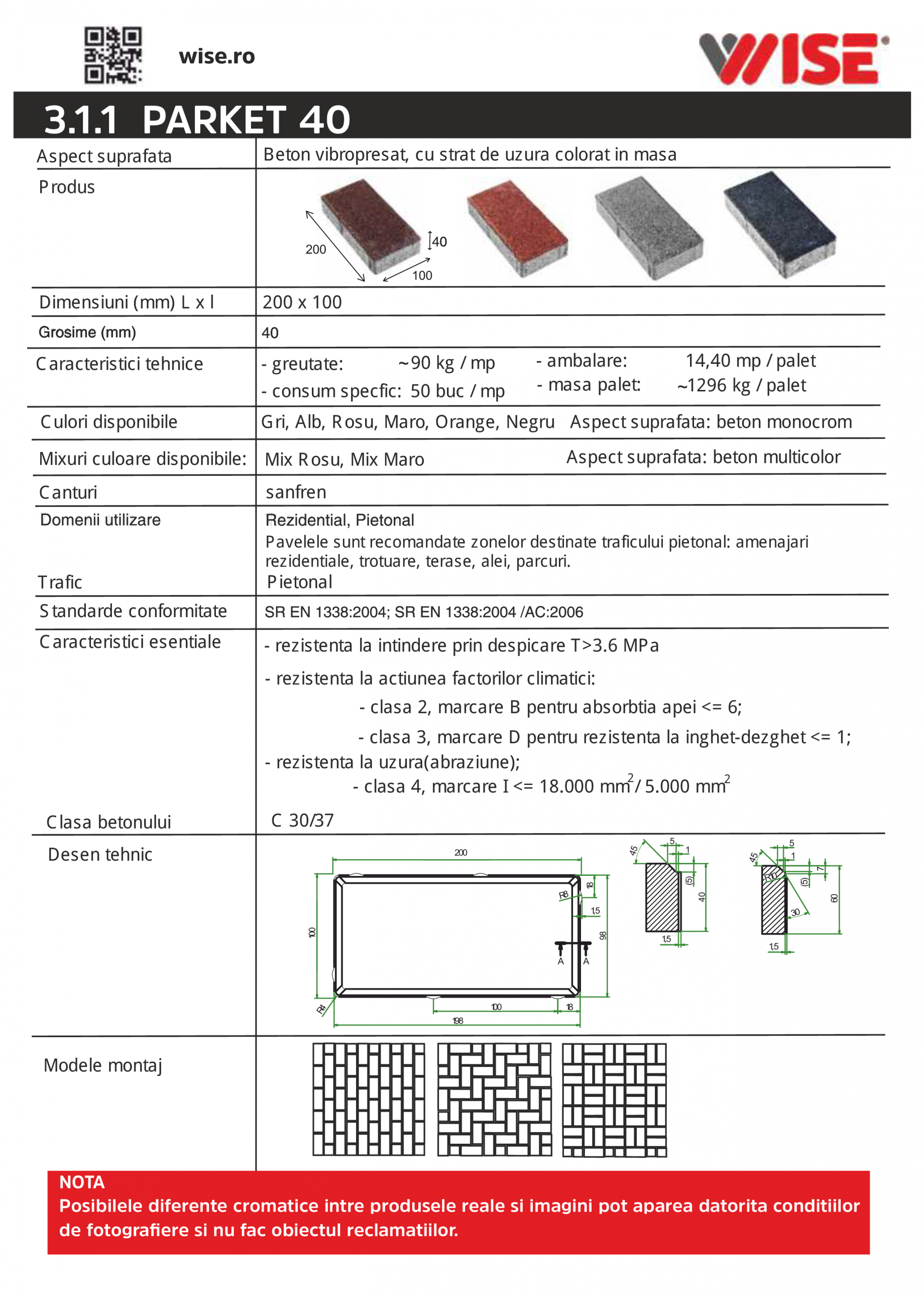 Pavaj din beton 40 WISE PARKET Fisa tehnica Romana
