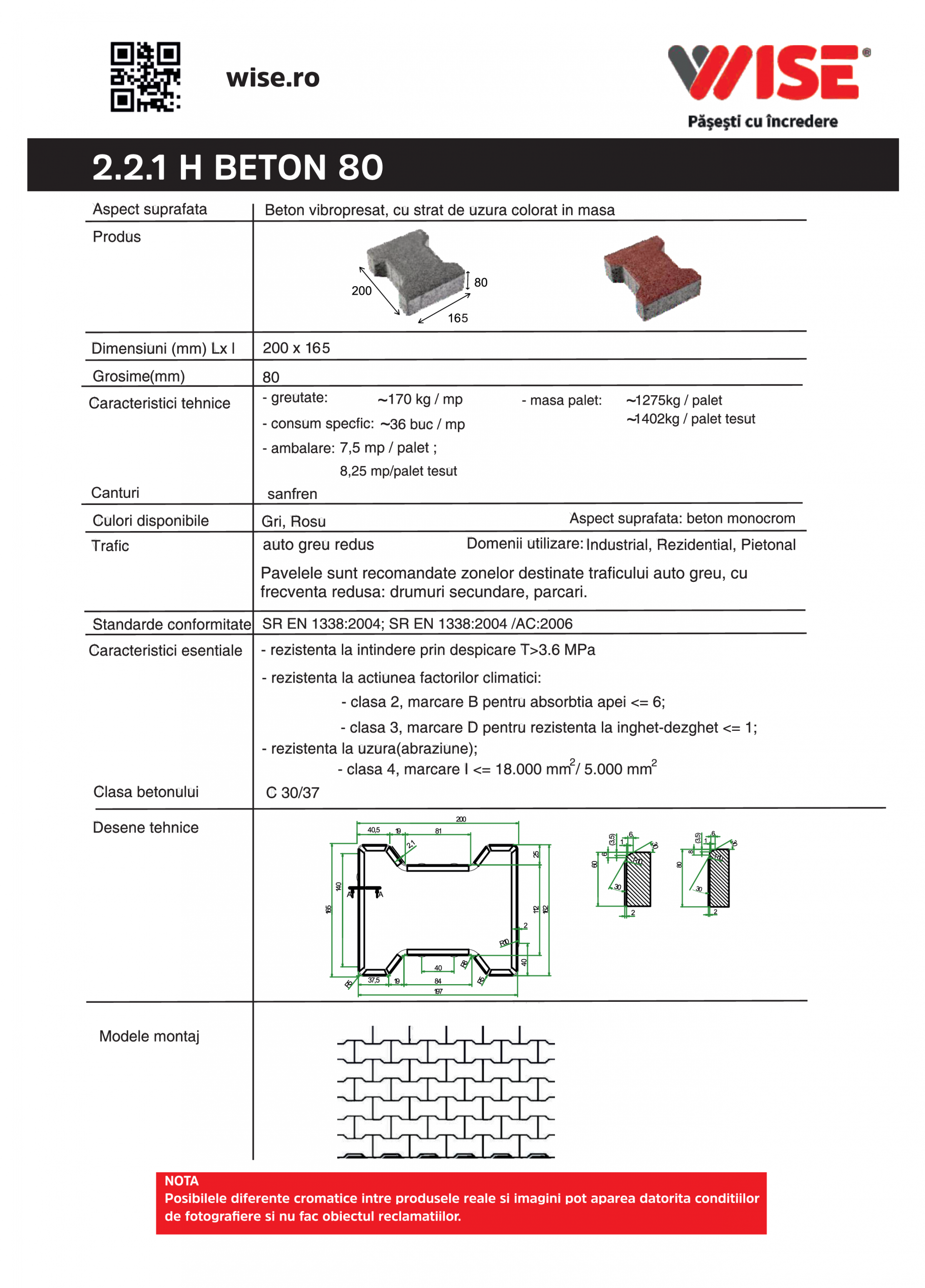 Pavaj din beton 80 WISE H BETON Fisa tehnica Romana