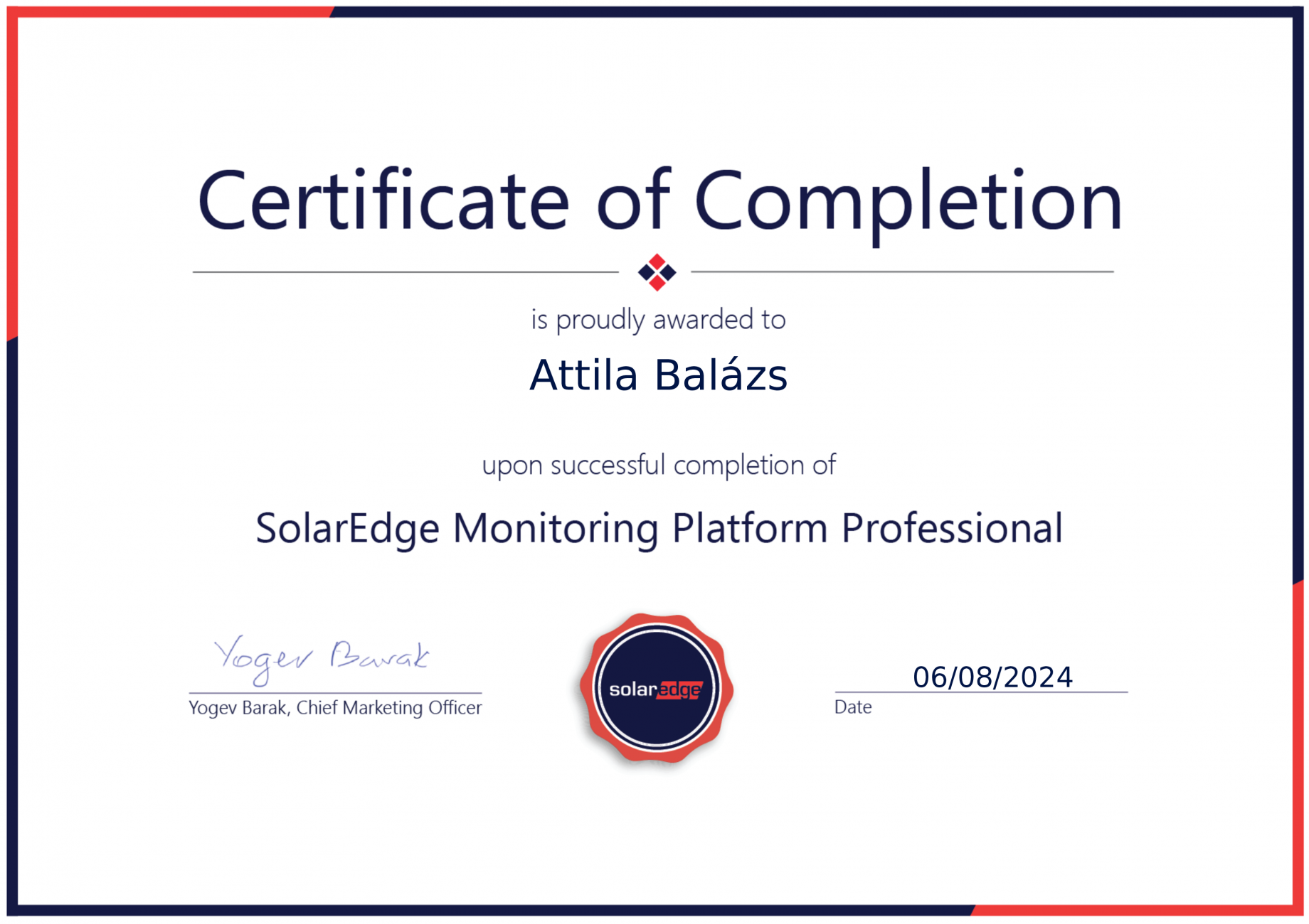 Certificat SolarEdge Monitoring Platform Professional Certificare ...