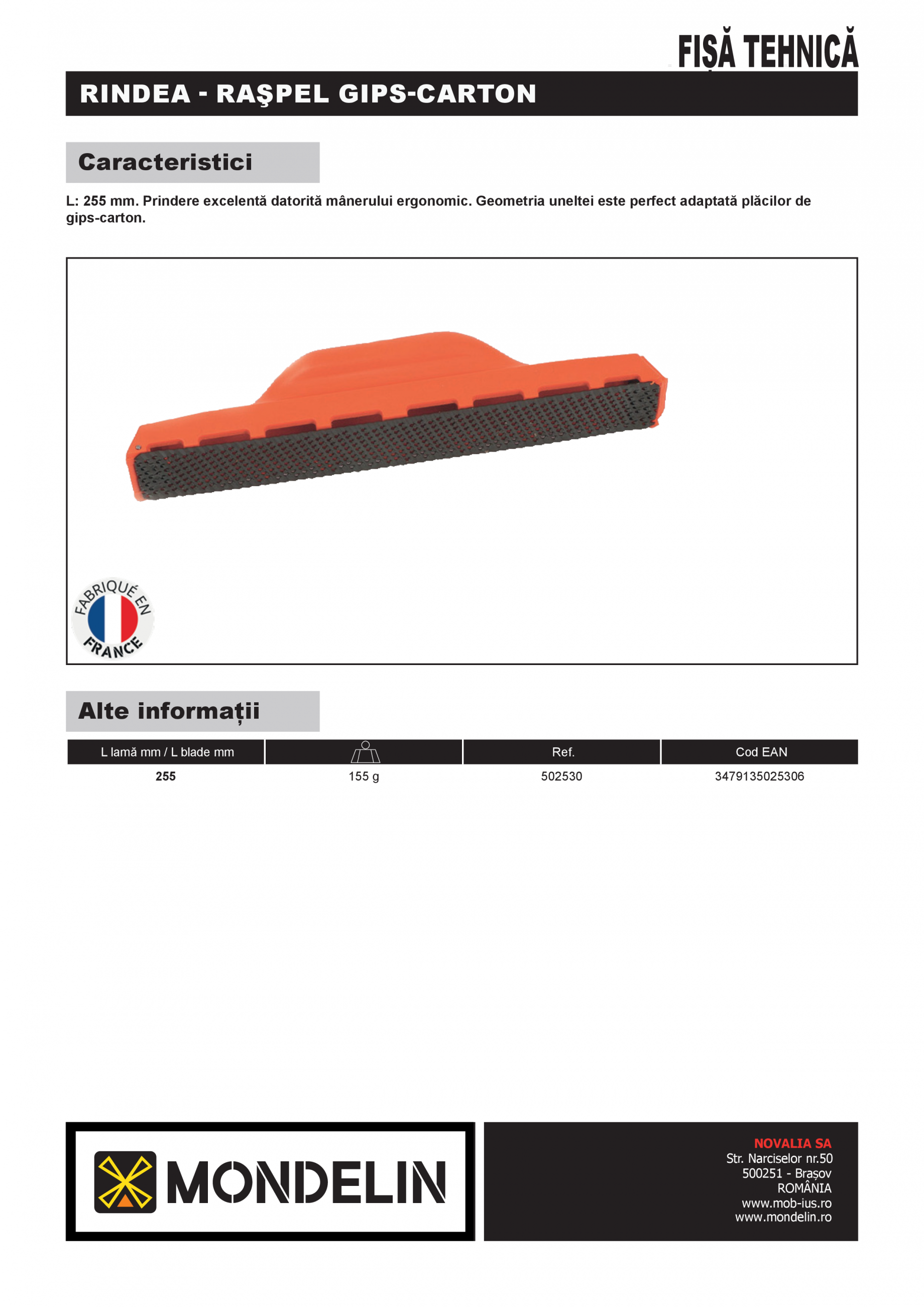 Rindea-rașpel pentru placi de gips-carton MONDELIN 502530 Fisa tehnica ...