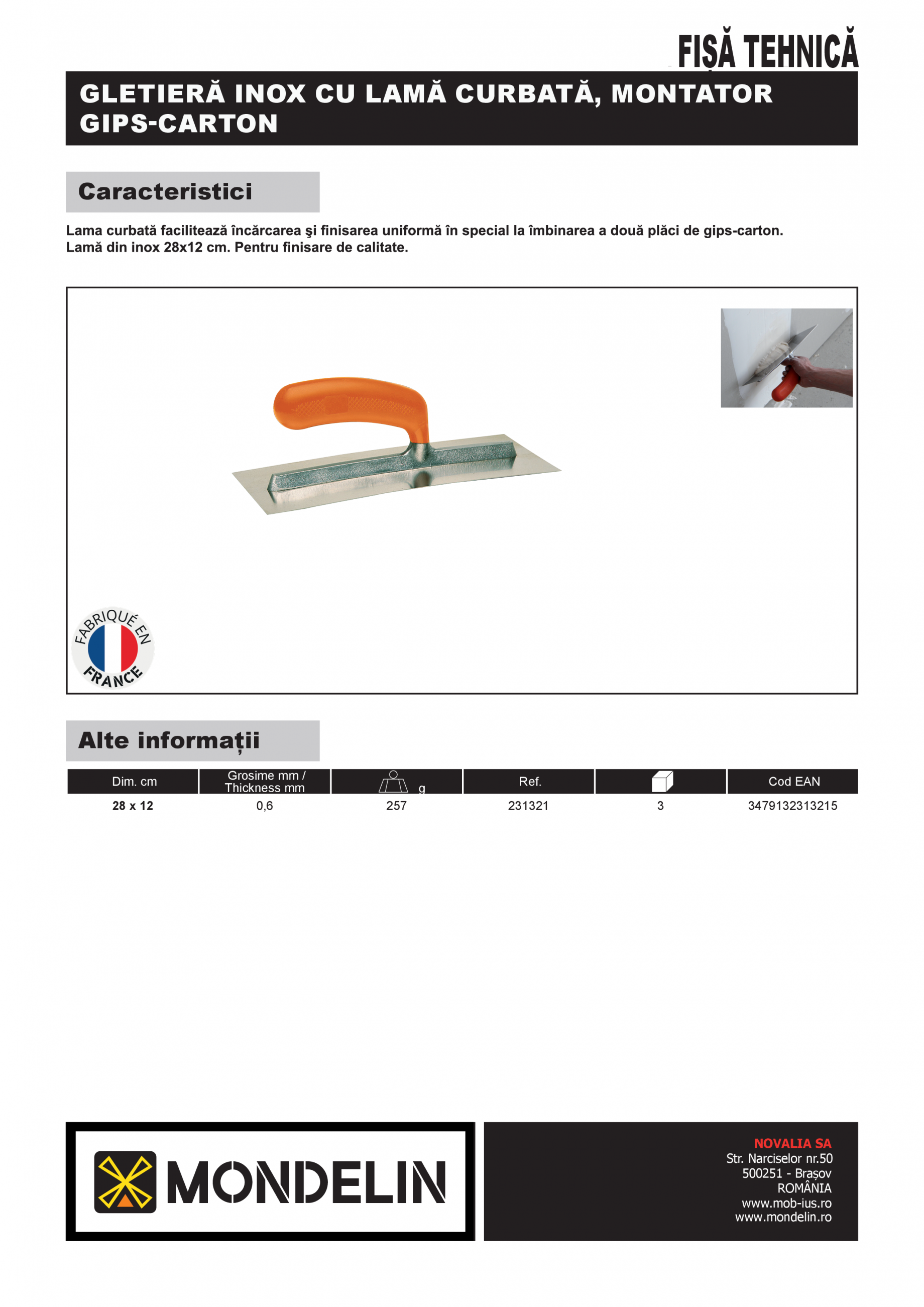 Gletiera din inox cu lama curbata pentru gips-carton MONDELIN 231321 ...