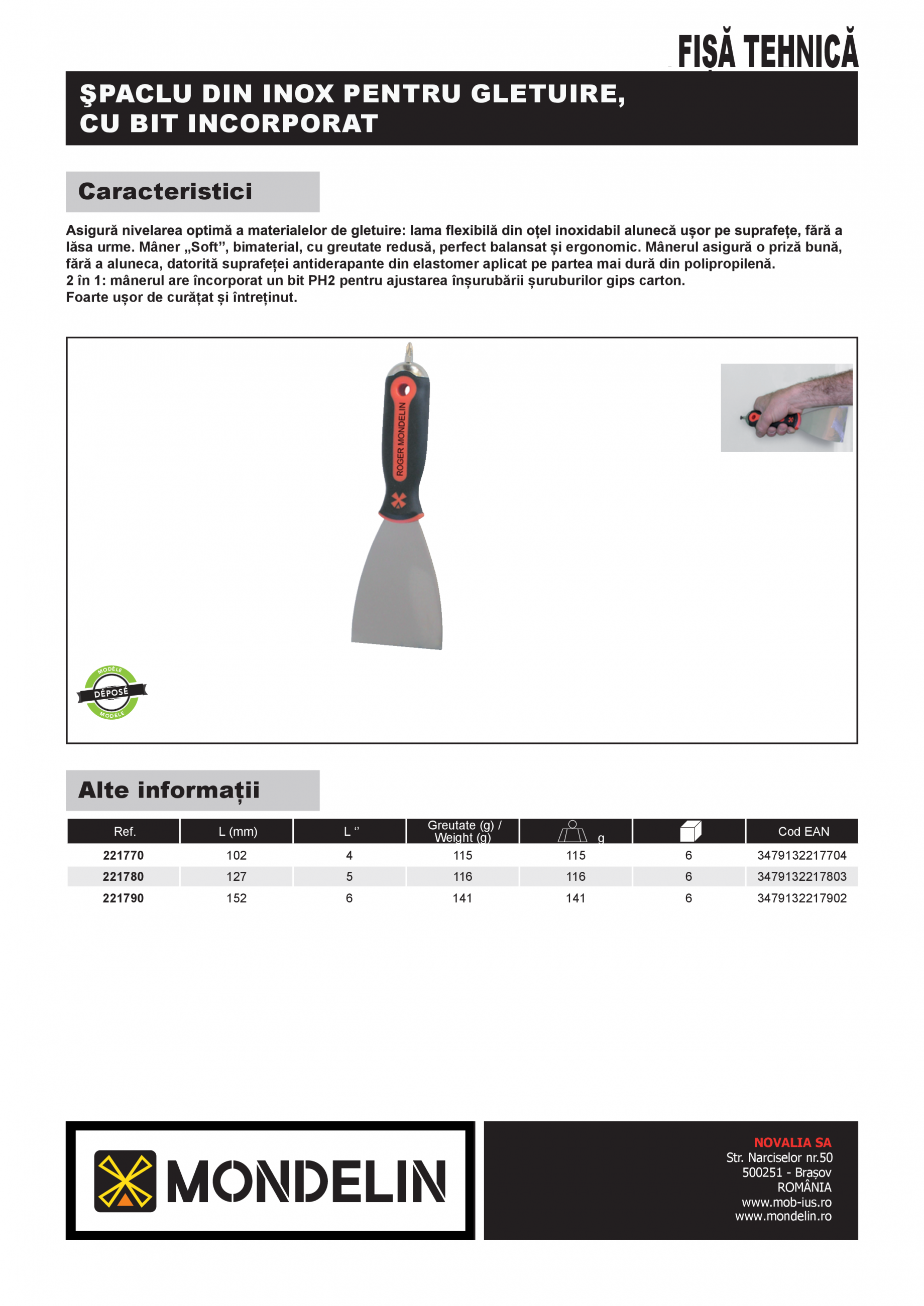 Spaclu din inox pentru gletuire cu bit incorporat MONDELIN 221770 ...