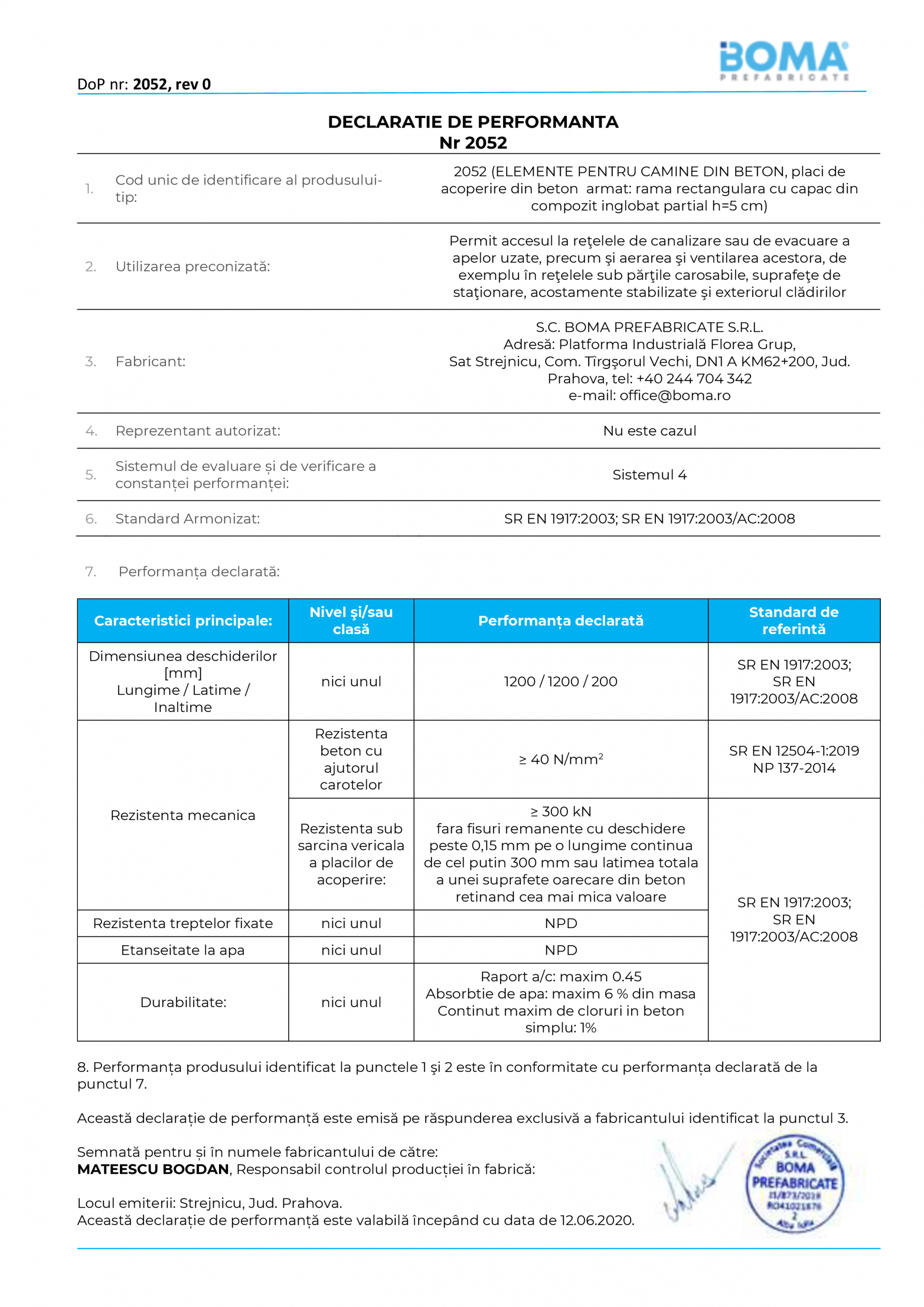 Declaratie de performanta nr 2052 pentru capac carosabil rectangular ...