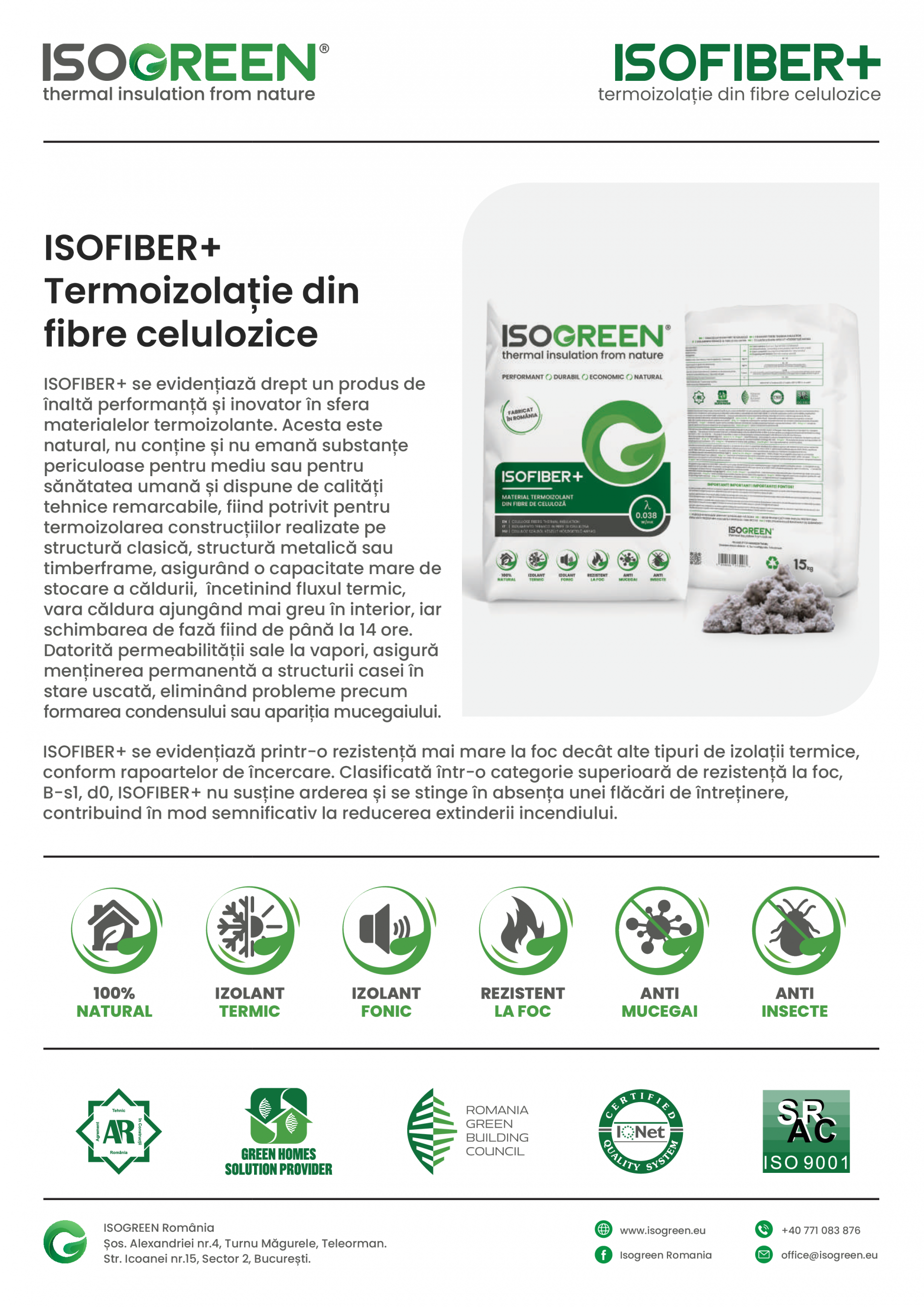 Termoizolatia cu fibre de celuloza Isogreen ISOFIBER+ Fisa tehnica Romana
