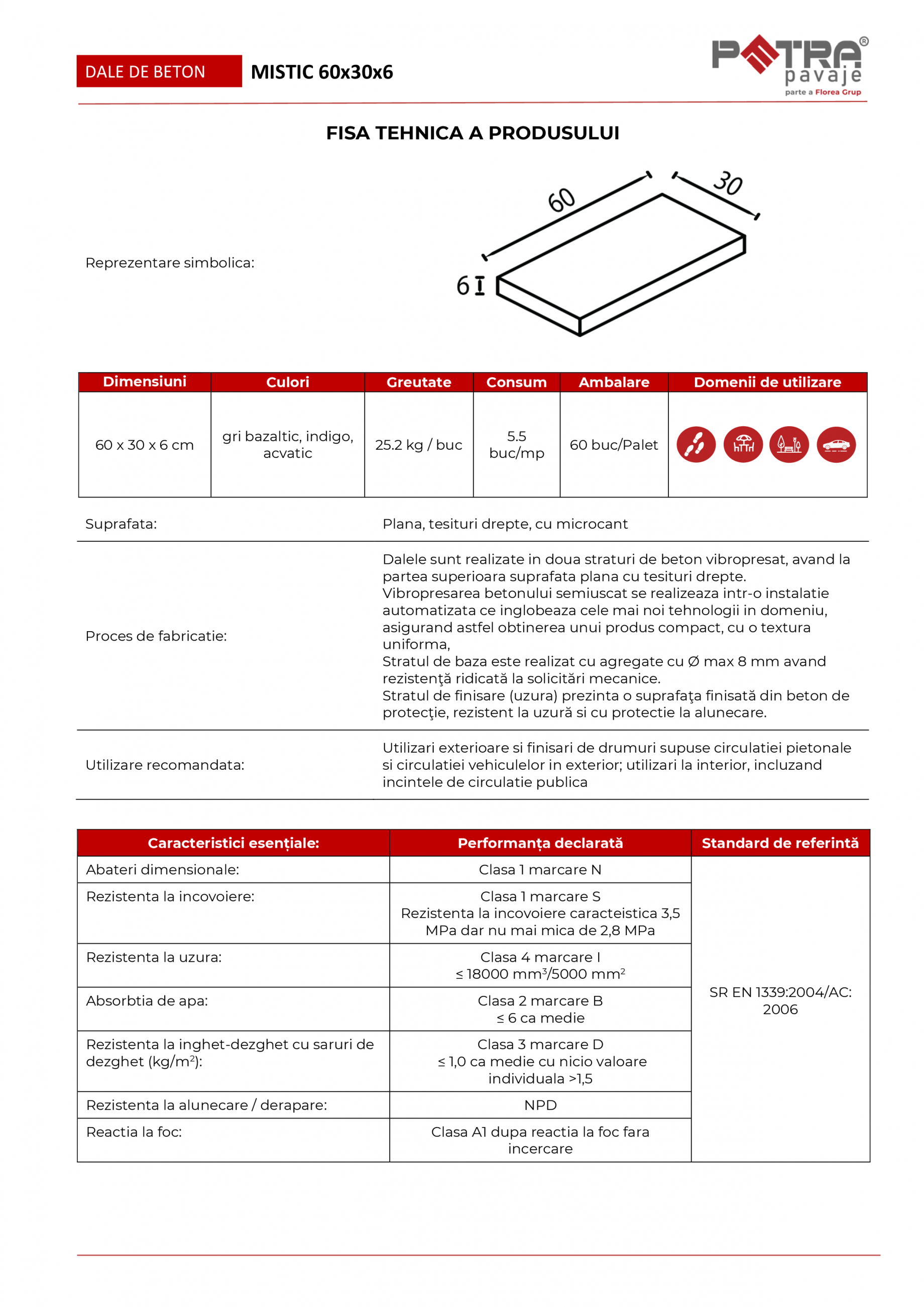 Fisa tehnica pavaj MISTIC 60x30x6 cu microcant Petra Pavaje Fisa tehnica