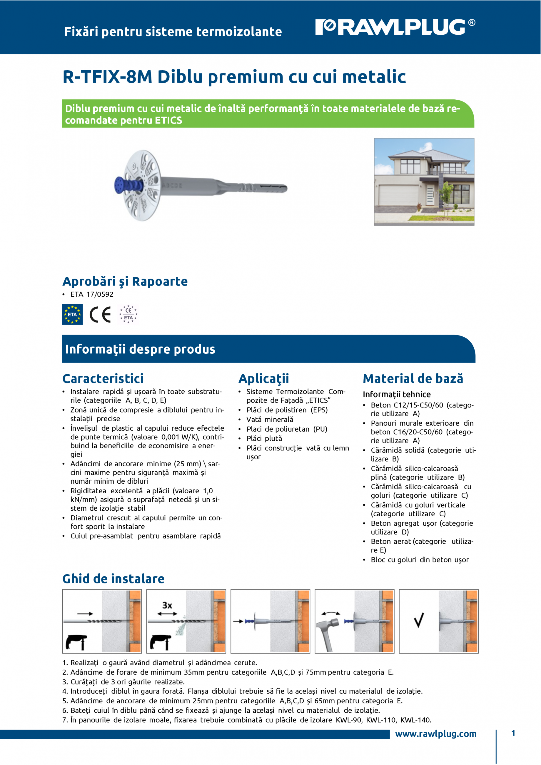 Diblu premium cu cui metalic RAWLPLUG R-TFIX-8M Fisa tehnica Romana