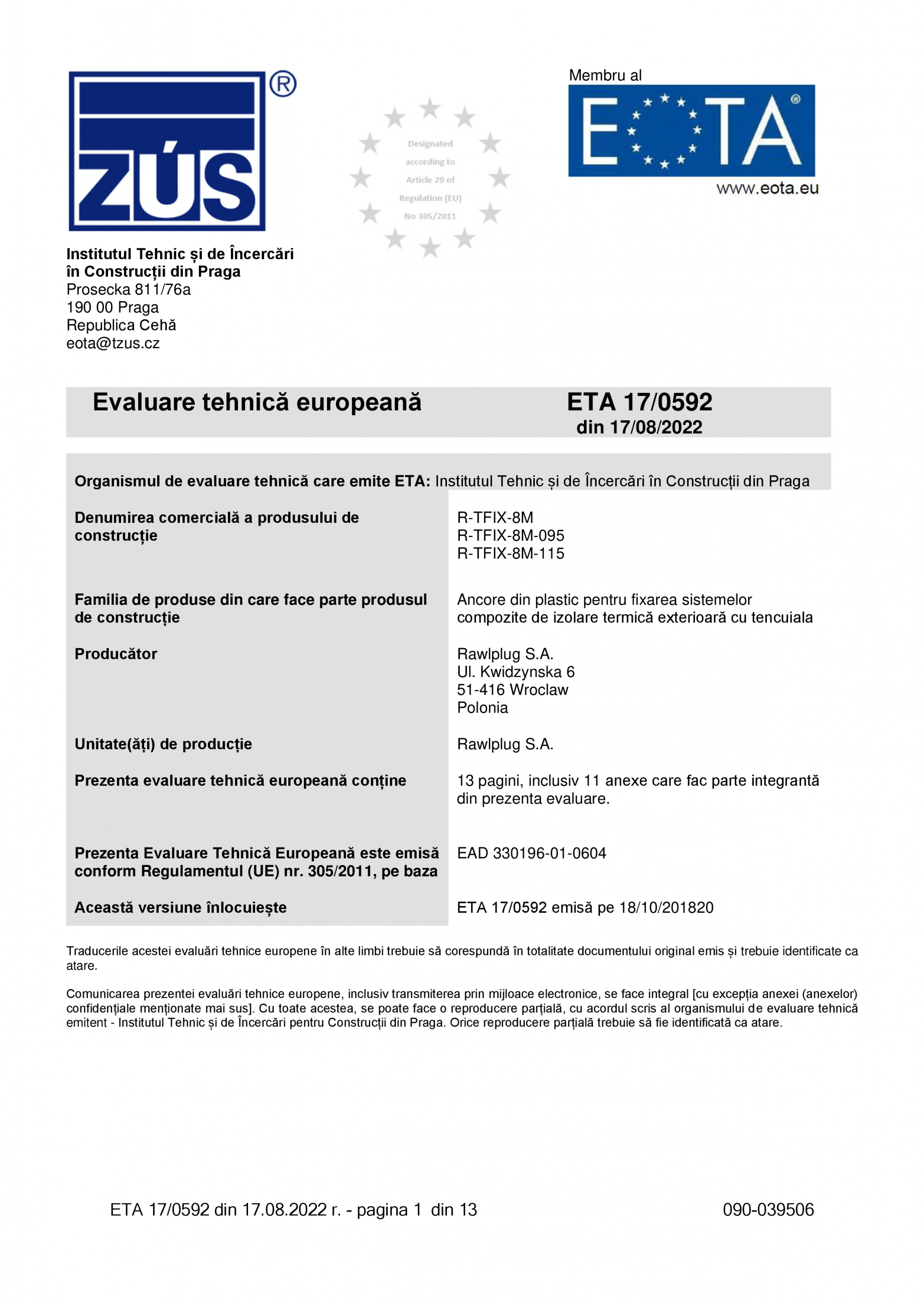 Agrement - ETA 17-0592 pentru diblu premium cu cui metalic RAWLPLUG R ...