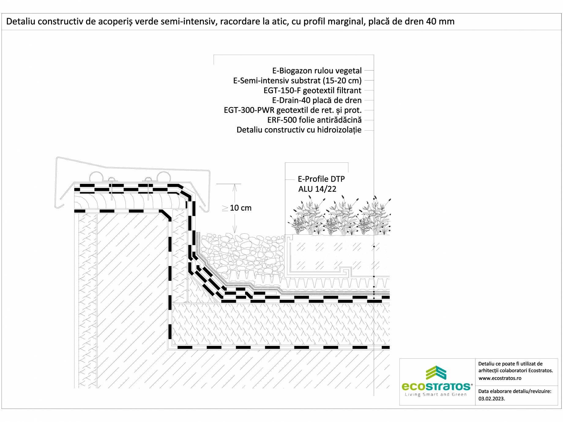 CAD-DWG Detaliu constructiv de acoperis verde semi-intensiv, racordare ...