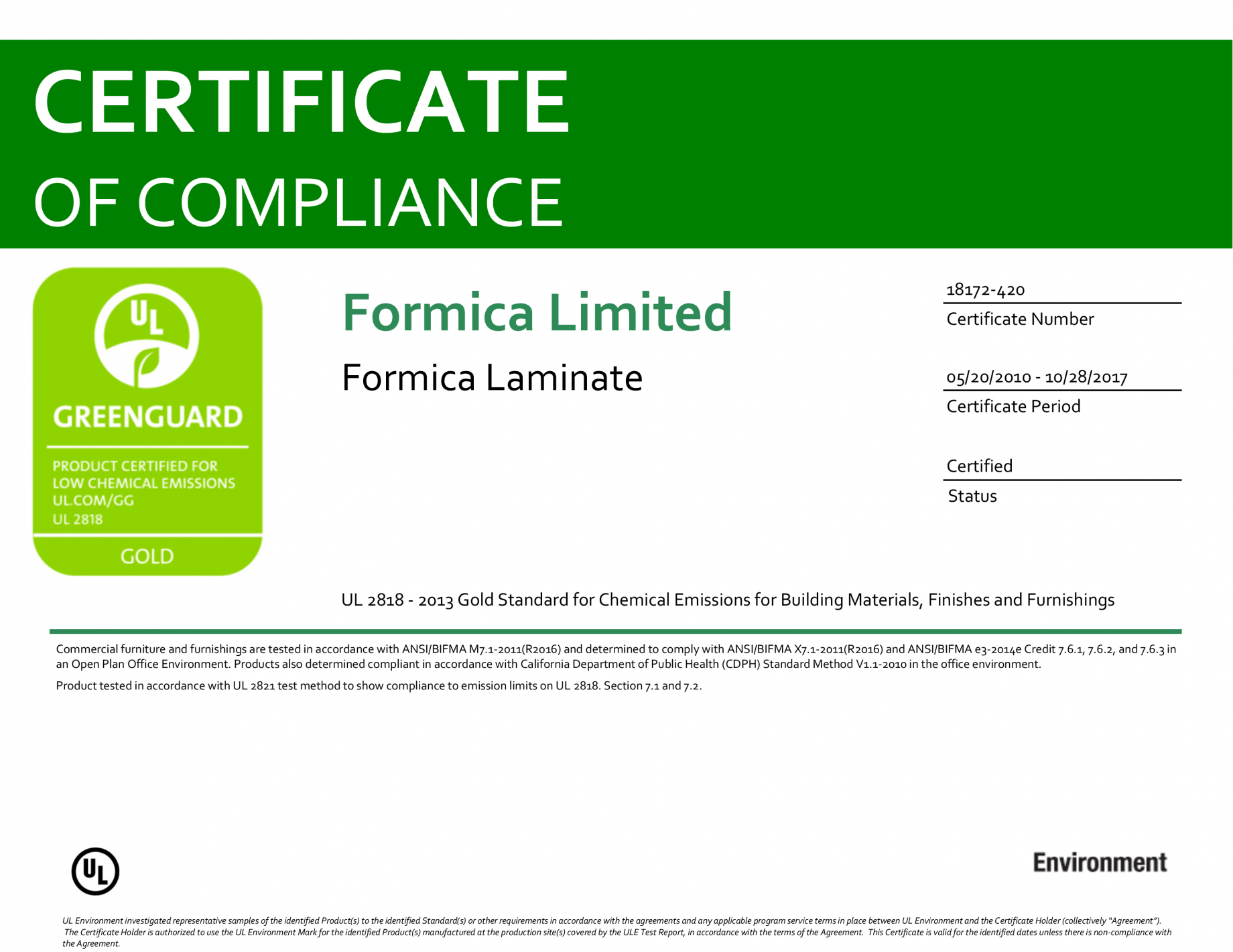 Certificat de conformitate GREENGUARD - Placi HPL FORMICA COMPACT ...