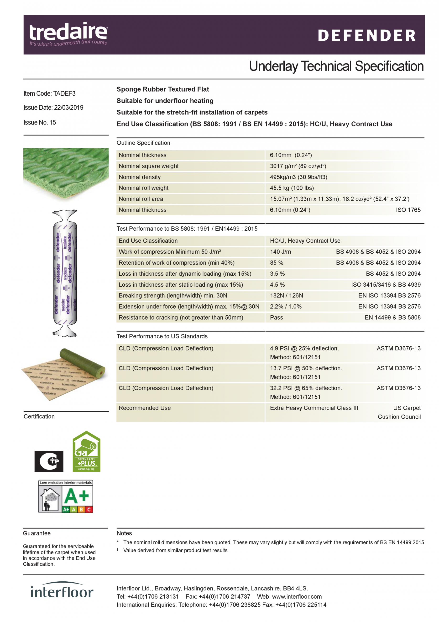 Suport underlay pentru mocheta INTERFLOOR Defender Fisa tehnica Engleza