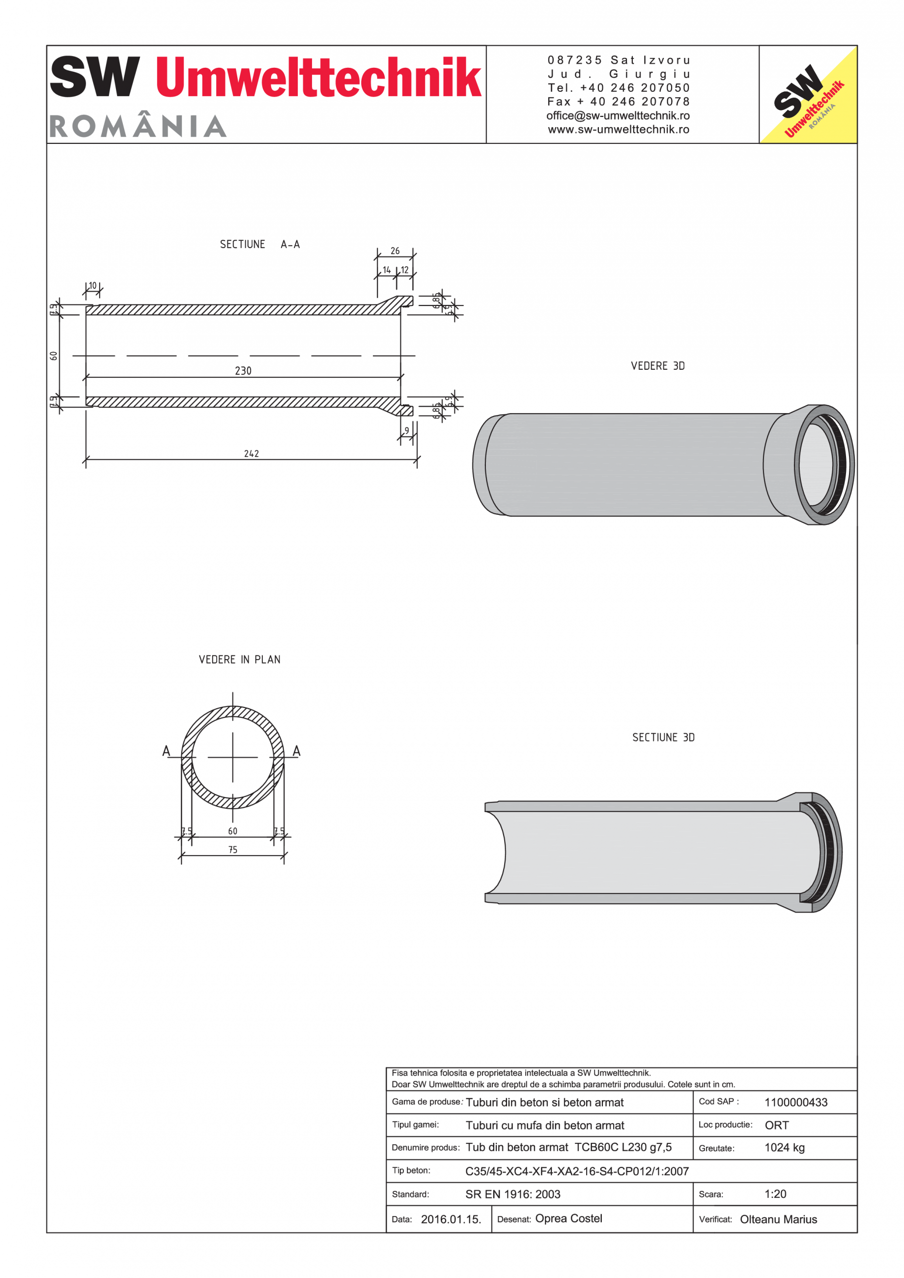 CAD-PDF Tub din beton armat TCB60C L230 g7,5 SW UMWELTTECHNIK Detaliu ...