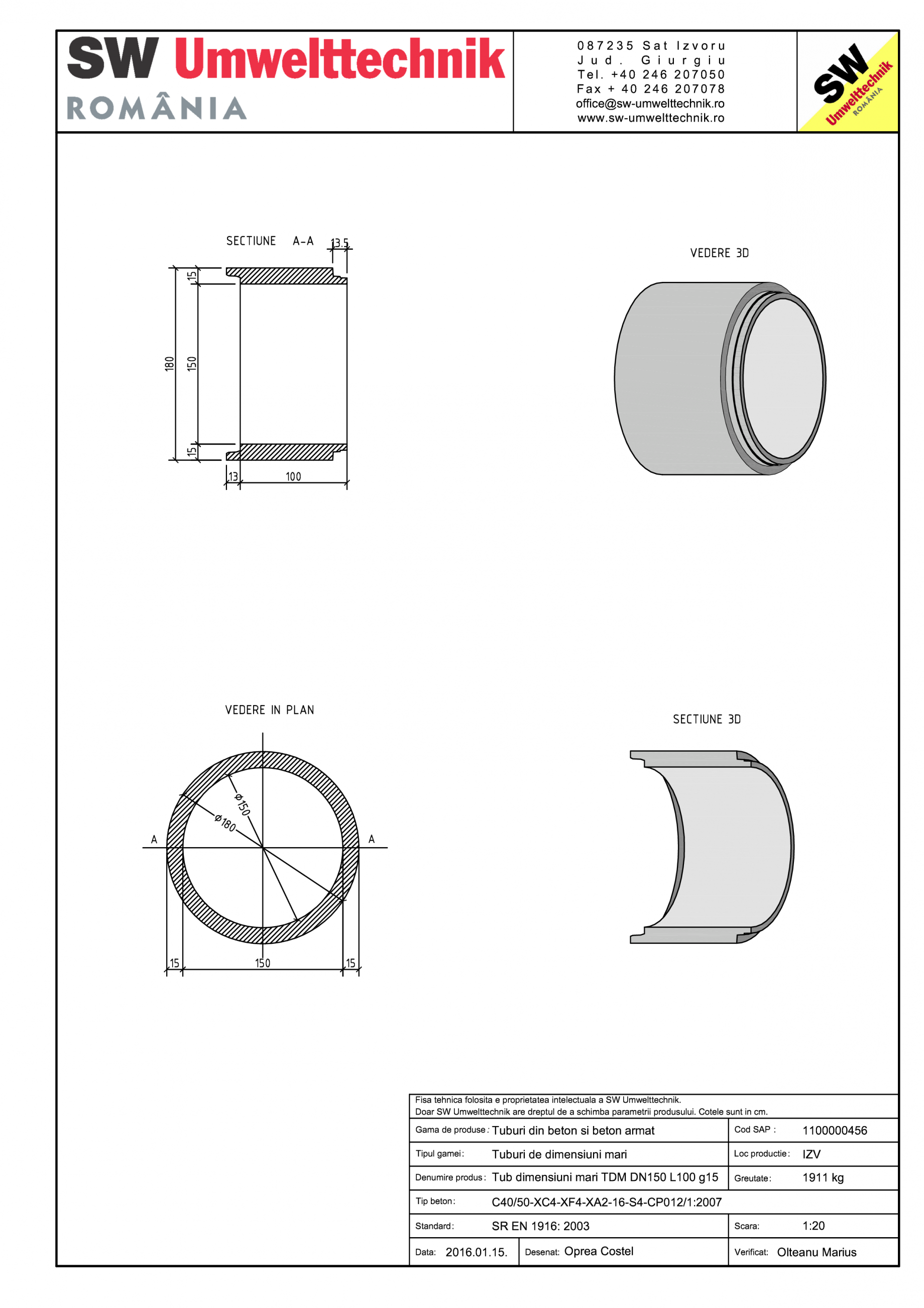 CAD-PDF Tub dimensiuni mari TDM DN150 L100 g15 SW UMWELTTECHNIK Detaliu ...