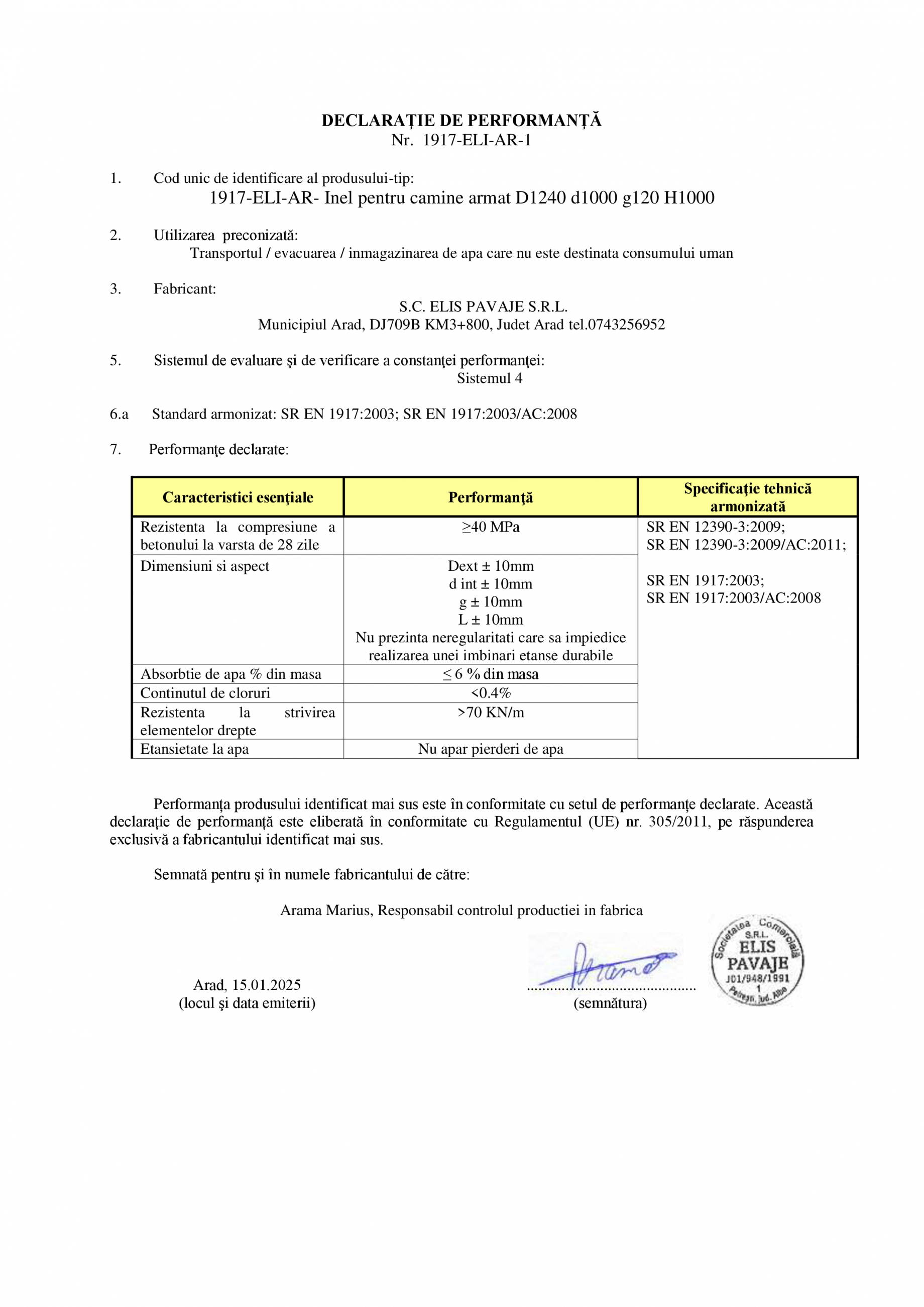Declaratie de performanta - AR - Inel pentru camine armat D1240 d1000 ...