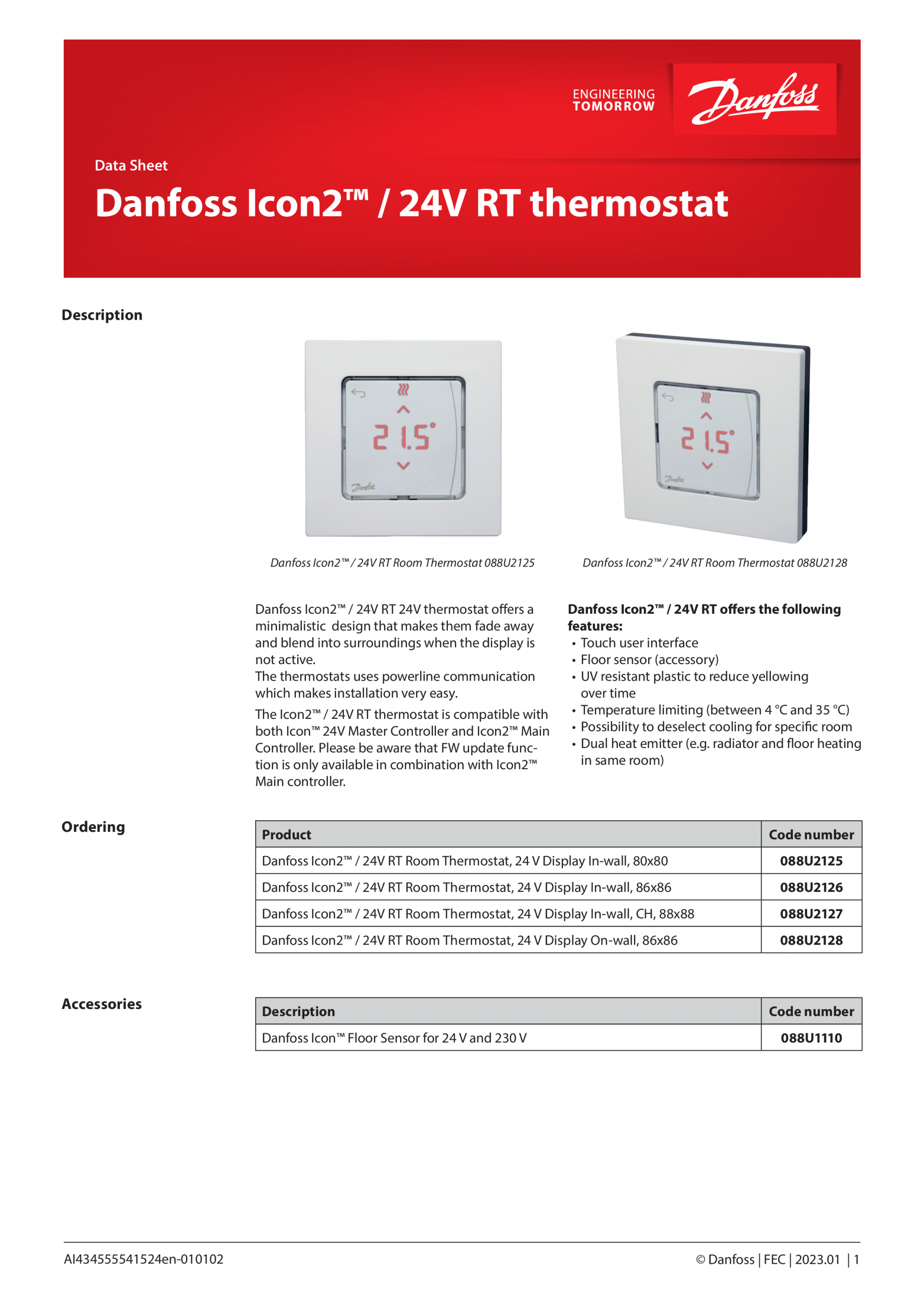Termostat camera DANFOSS Icon² 24V RT, Icon² 24V RT, On-wall Fisa tehnica Engleza