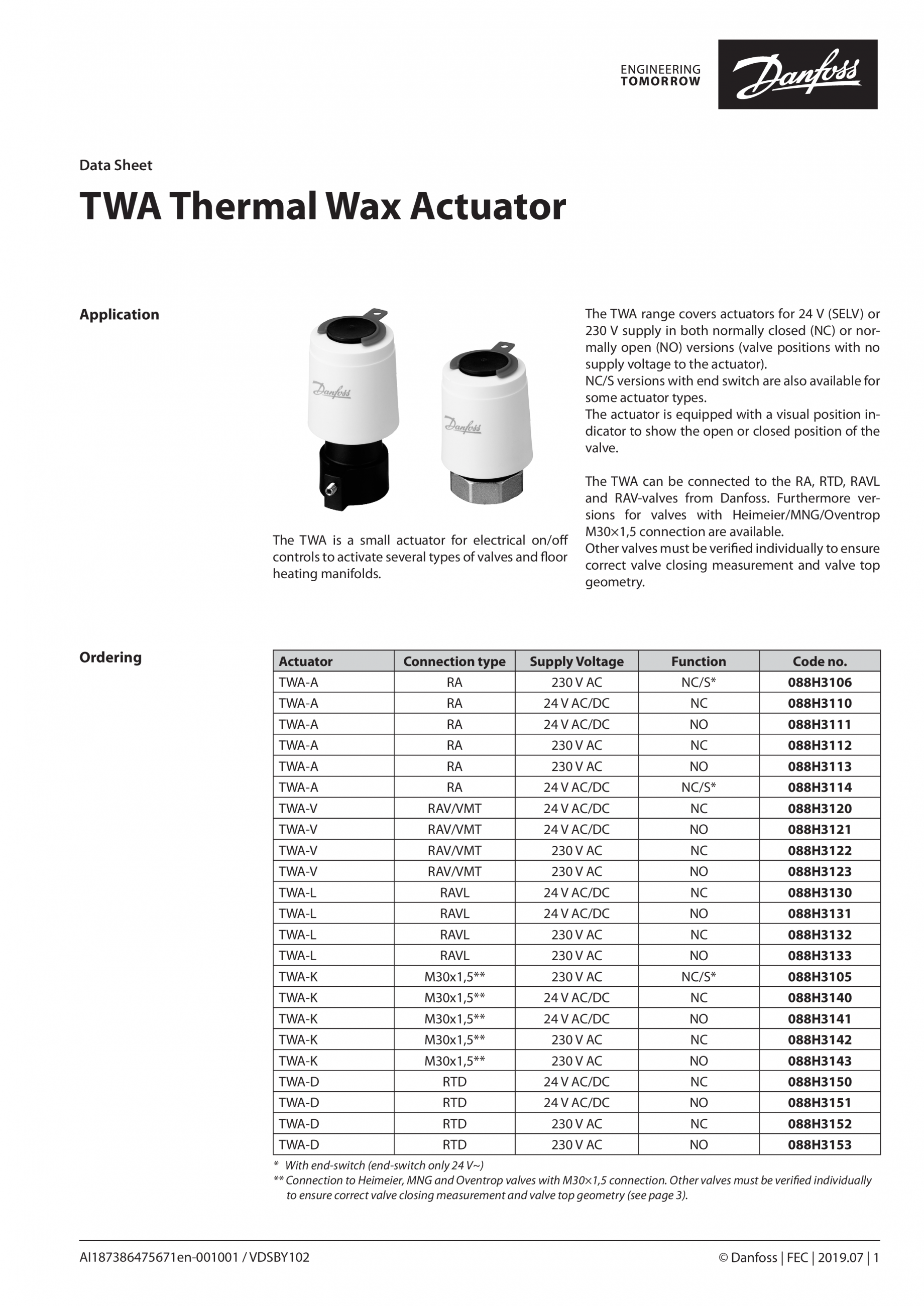 Actuator TWA Thermal Wax DANFOSS TWA-A 230V NC Fisa tehnica Engleza