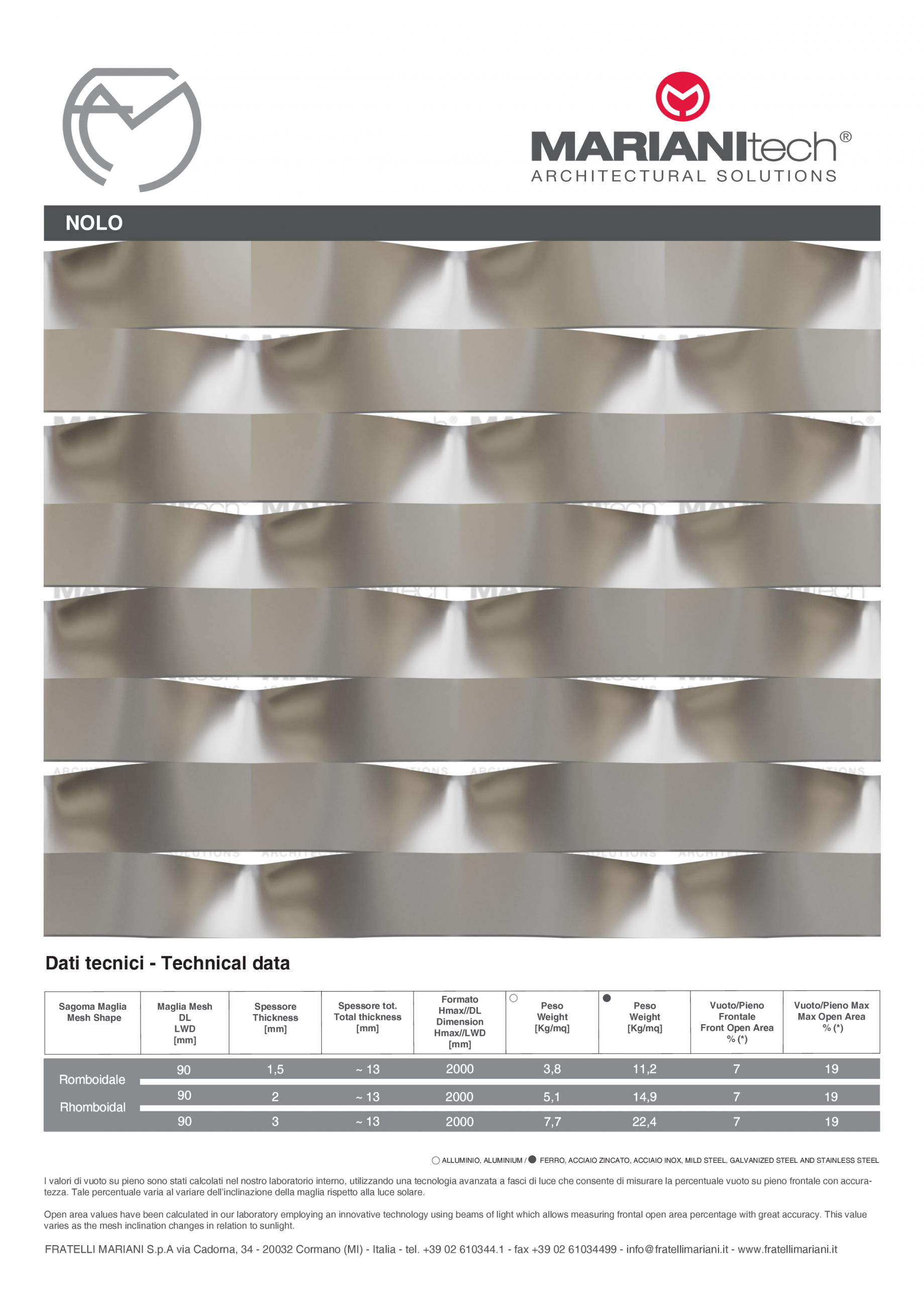 Plasa metalica expandata NOLO MARIANITECH® MARIANItech® Fisa tehnica Engleza, Italiana