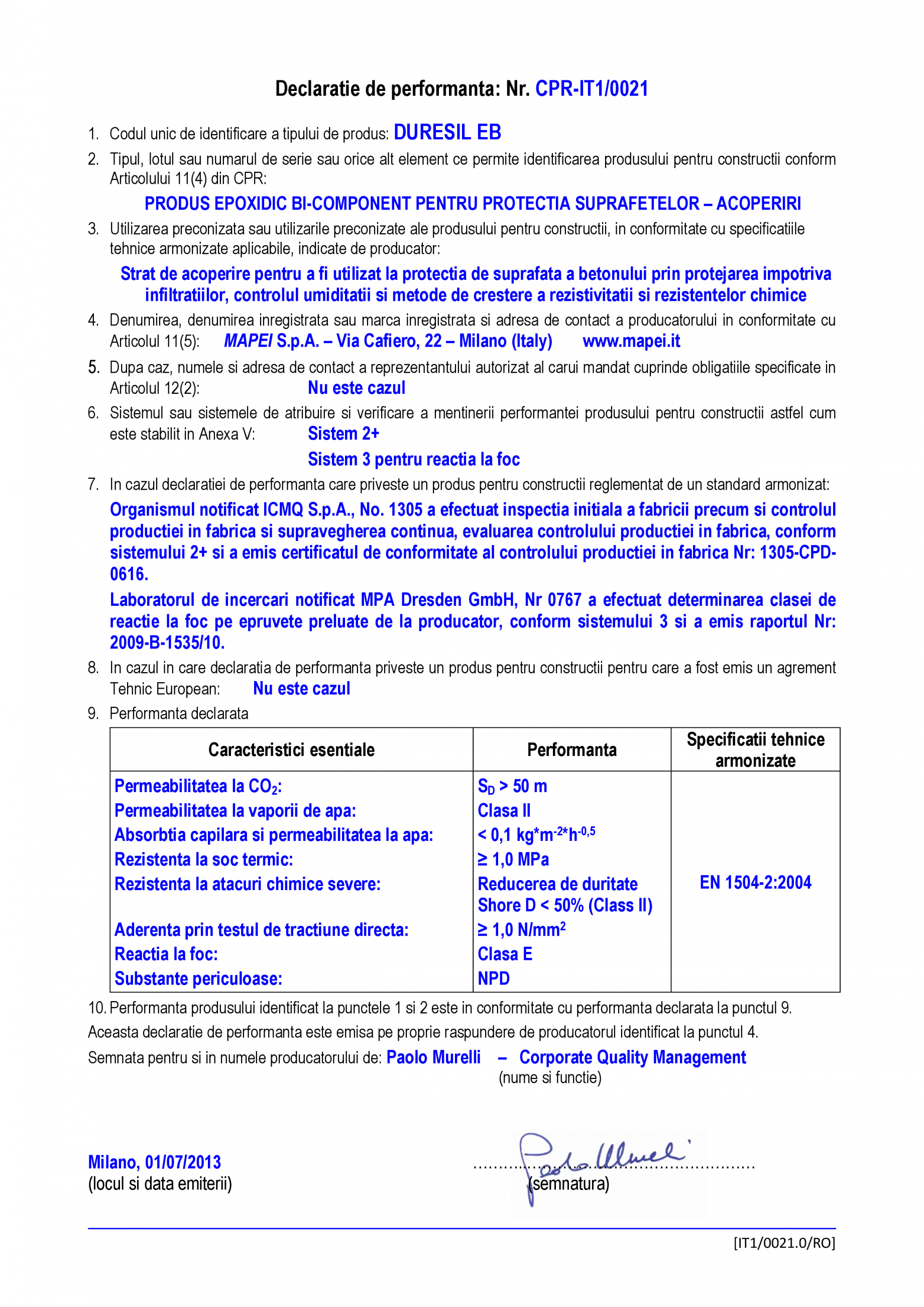 Declaratie de performanta - Produs epoxidic bi-component pentru ...