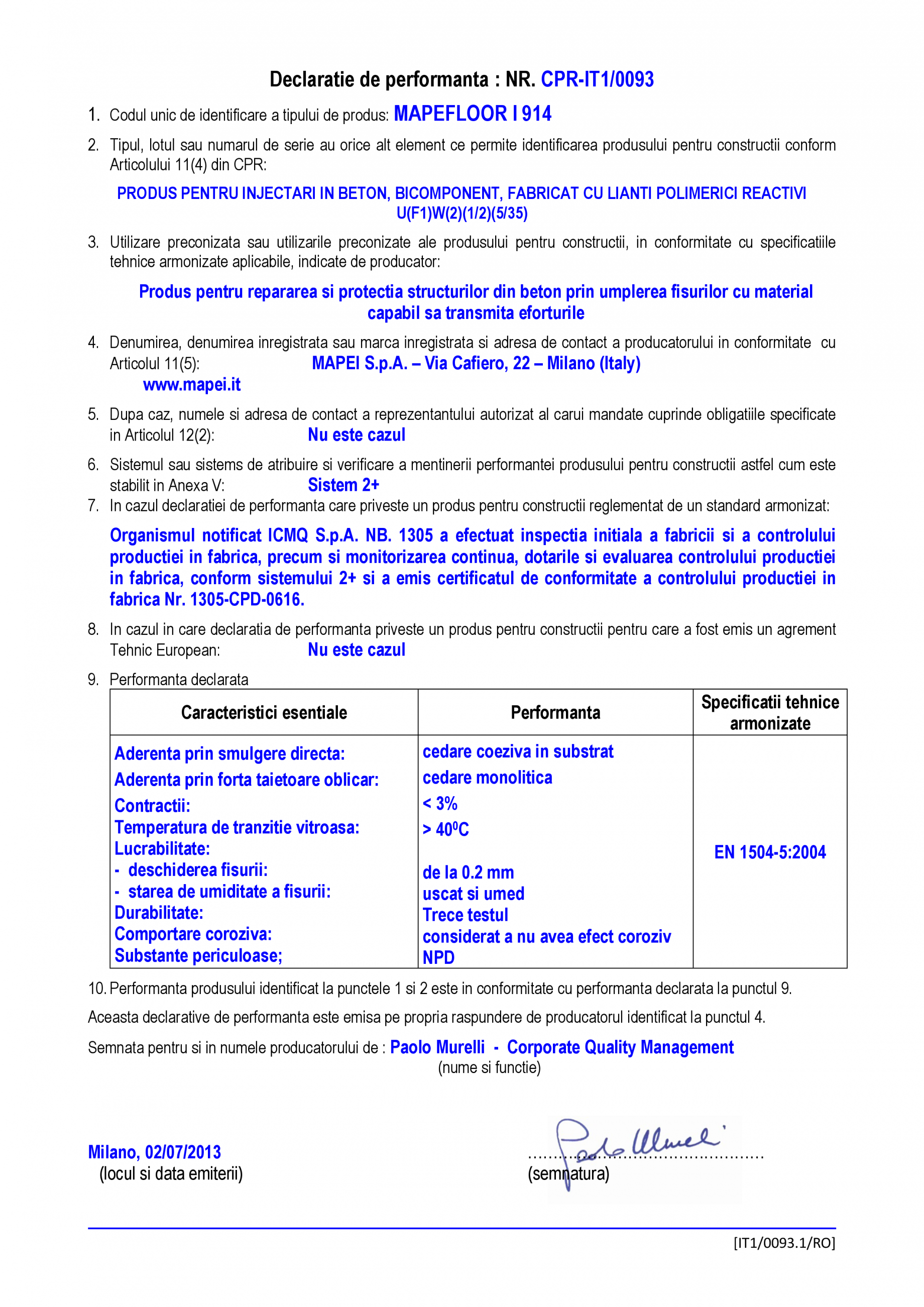 Declaratie de performanta - Produs pentru injectari in beton ...