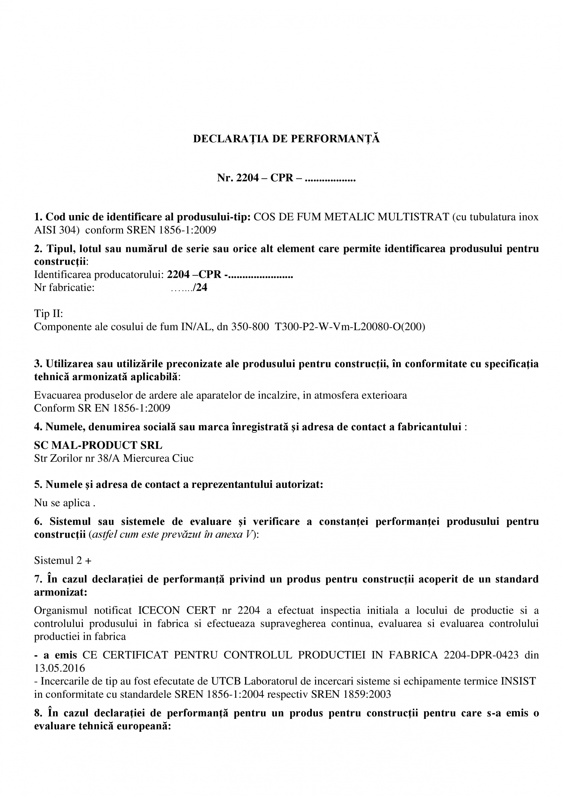 Declaratie de performanta cos de fum metalic multistrat MAL-PRODUCT ...