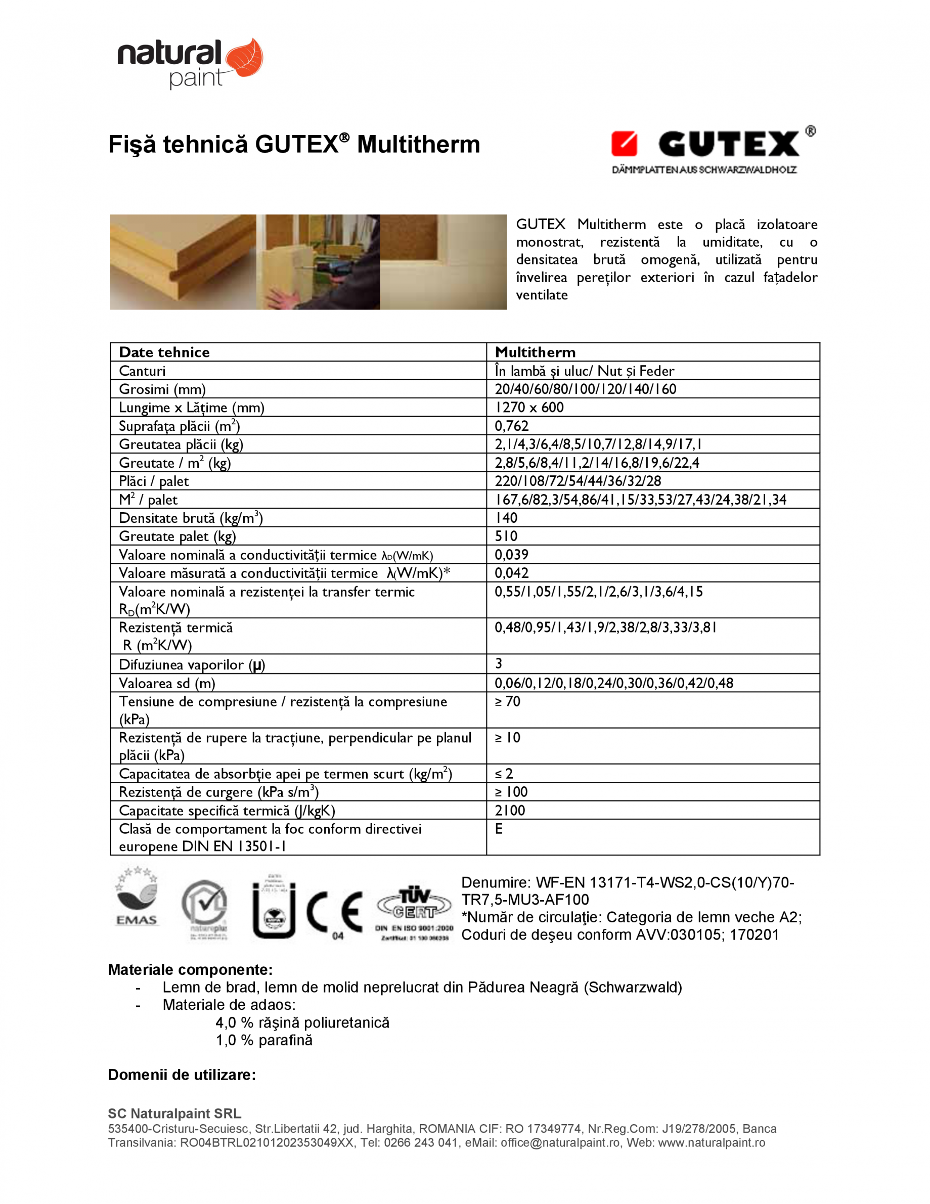 Placa izolatoare monostrat GUTEX Multitherm Fisa tehnica Romana