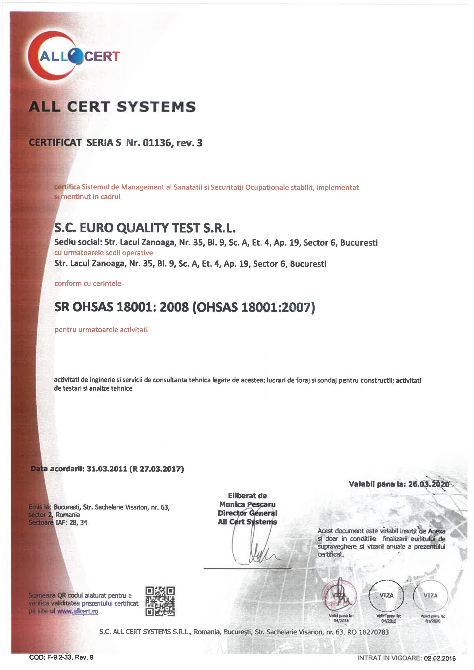 Certificat - Sistemul de Management al Sanatatii si Securitatii ...
