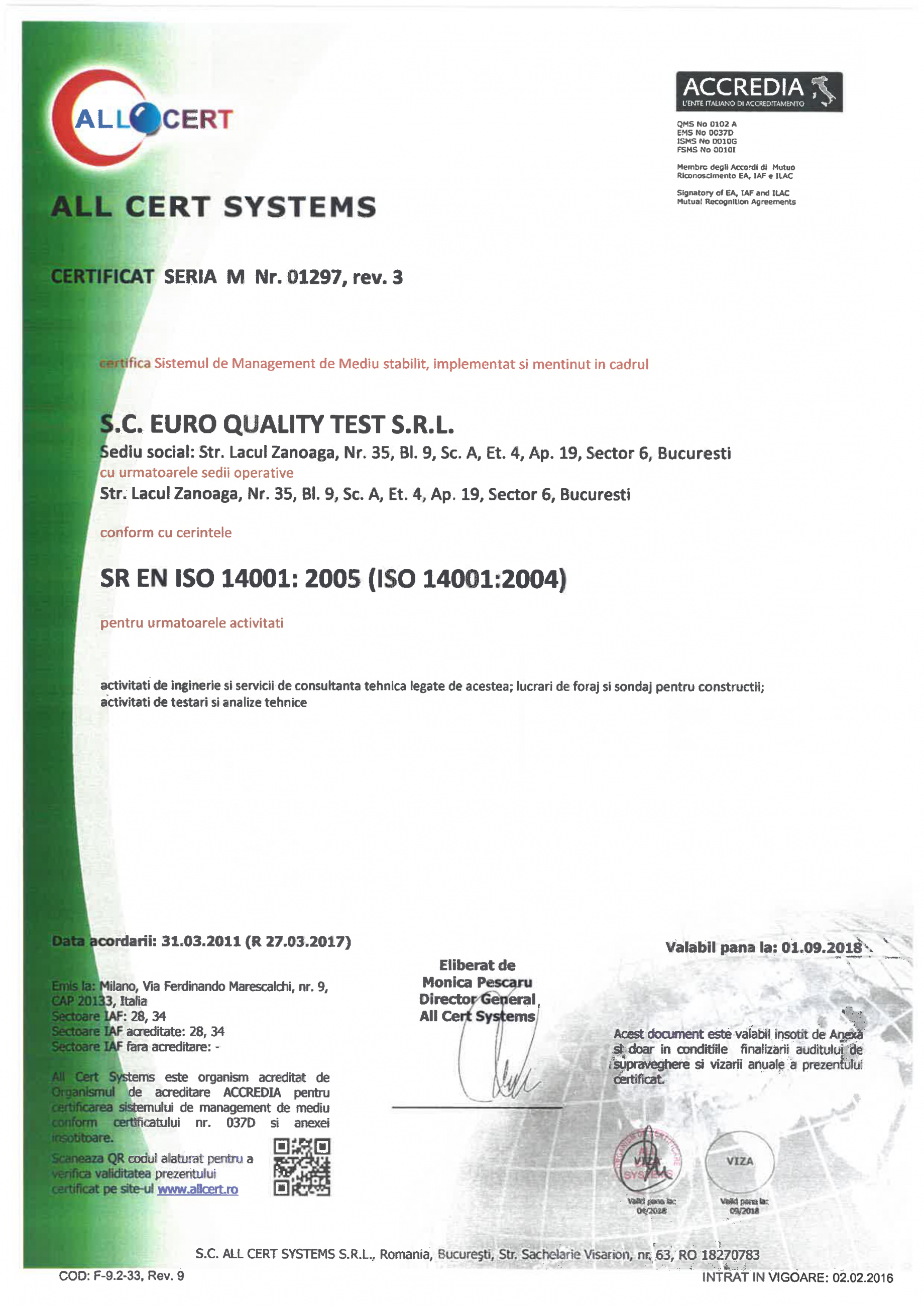 Certificat - Sistemul de Management de Mediu EURO QUALITY TEST ...