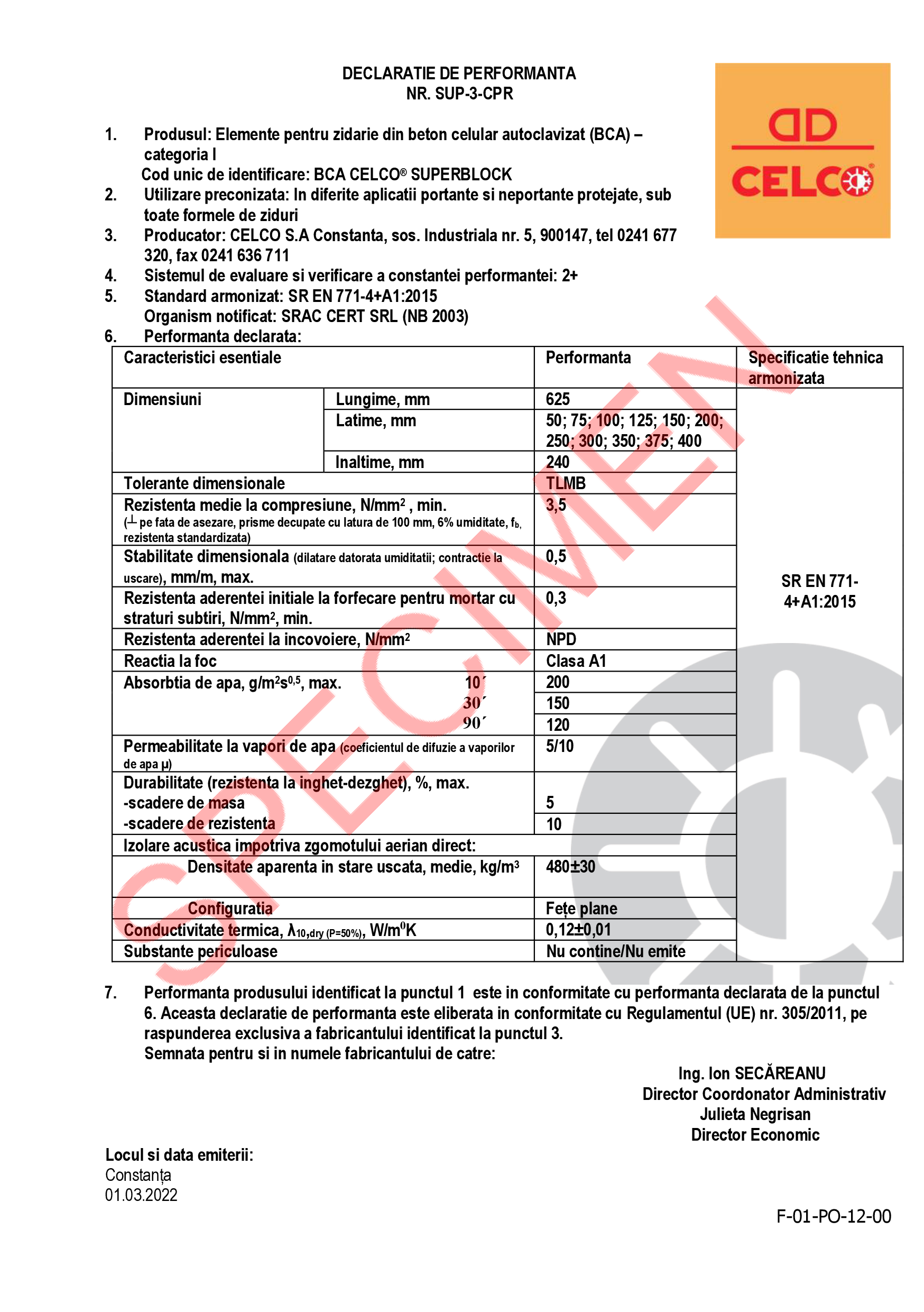 Declaratie de performanta - Elemente pentru zidarie din beton celular ...