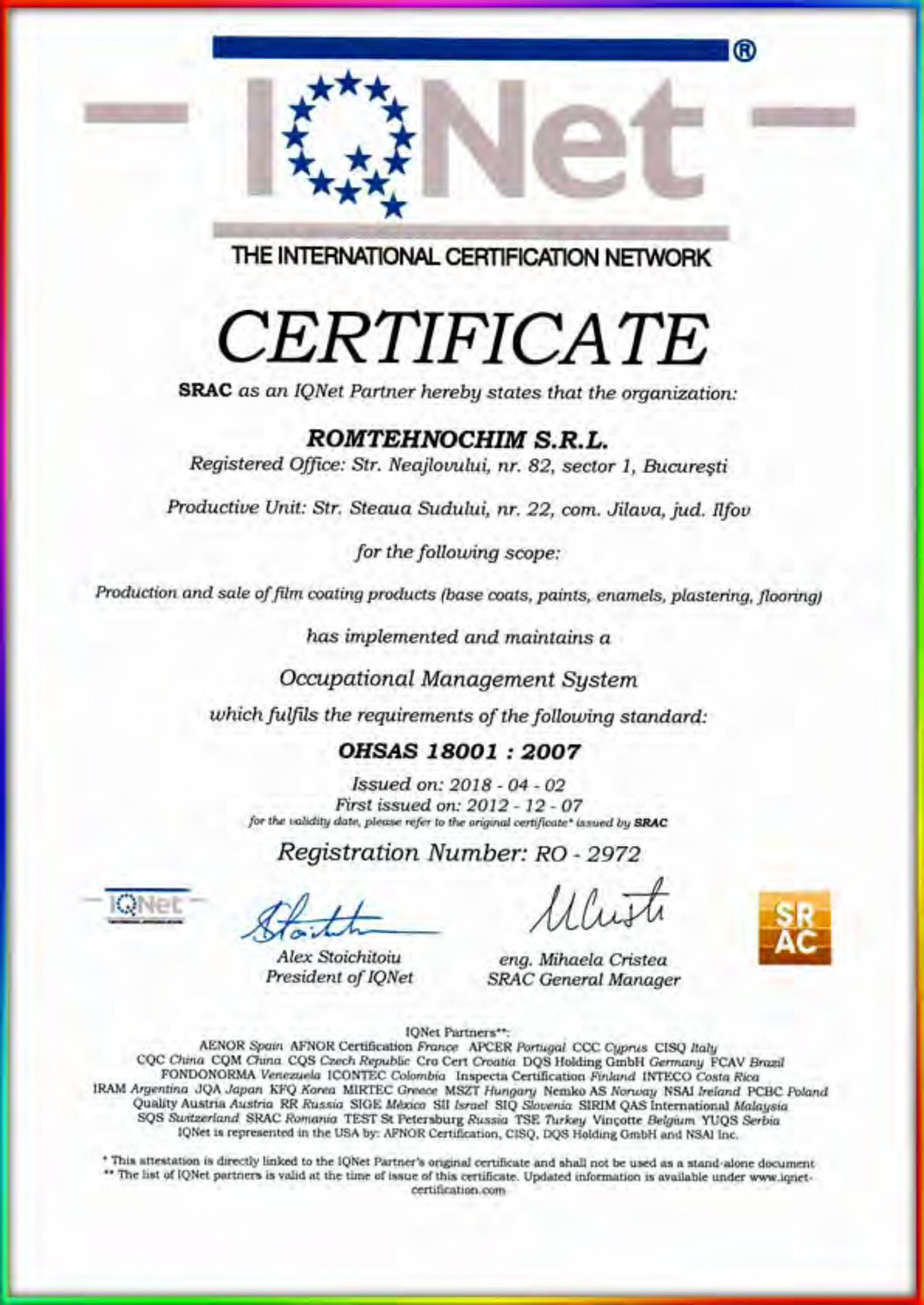 Certificat ISO-18001-IqNet Certificare produs Engleza