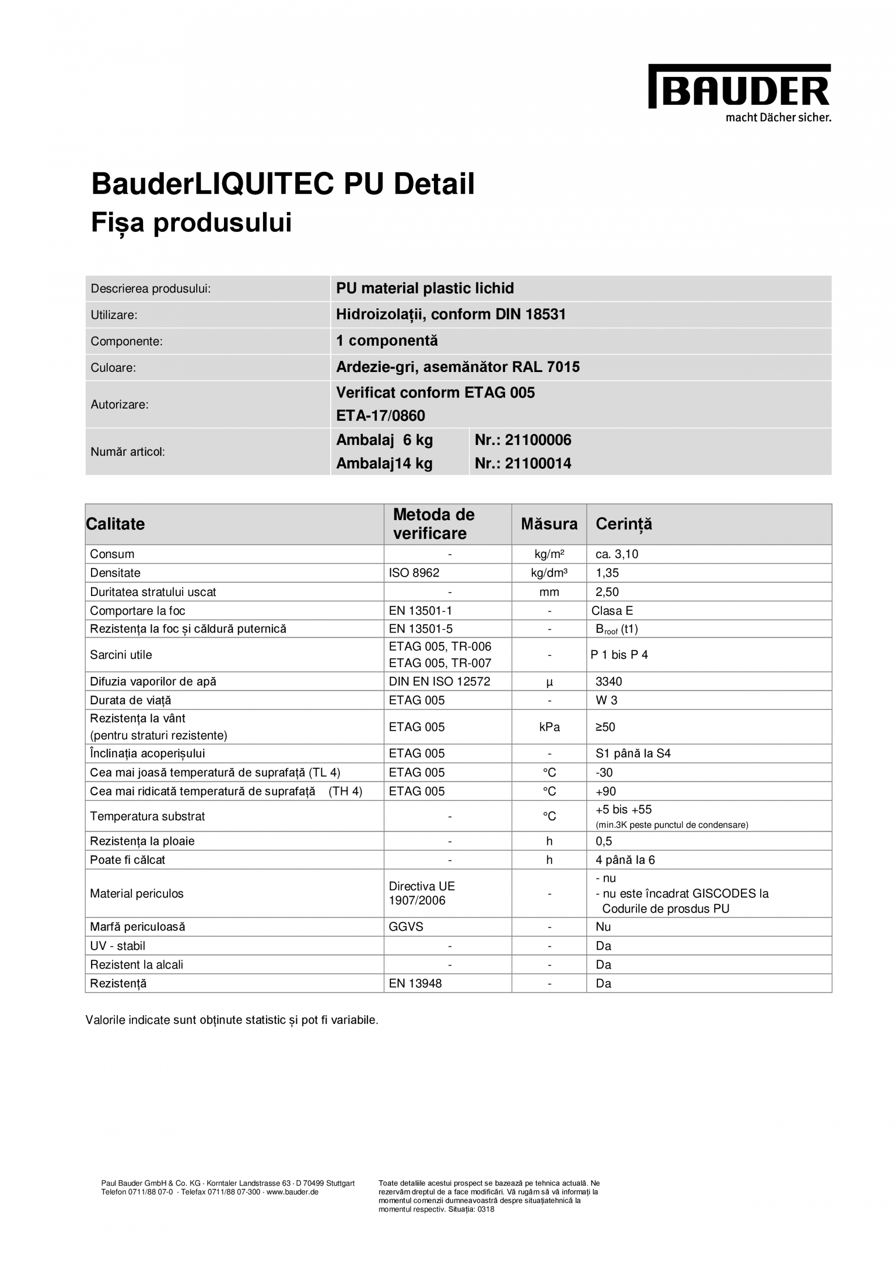 PU material plastic lichid BAUDER PU Detail Fisa tehnica Romana