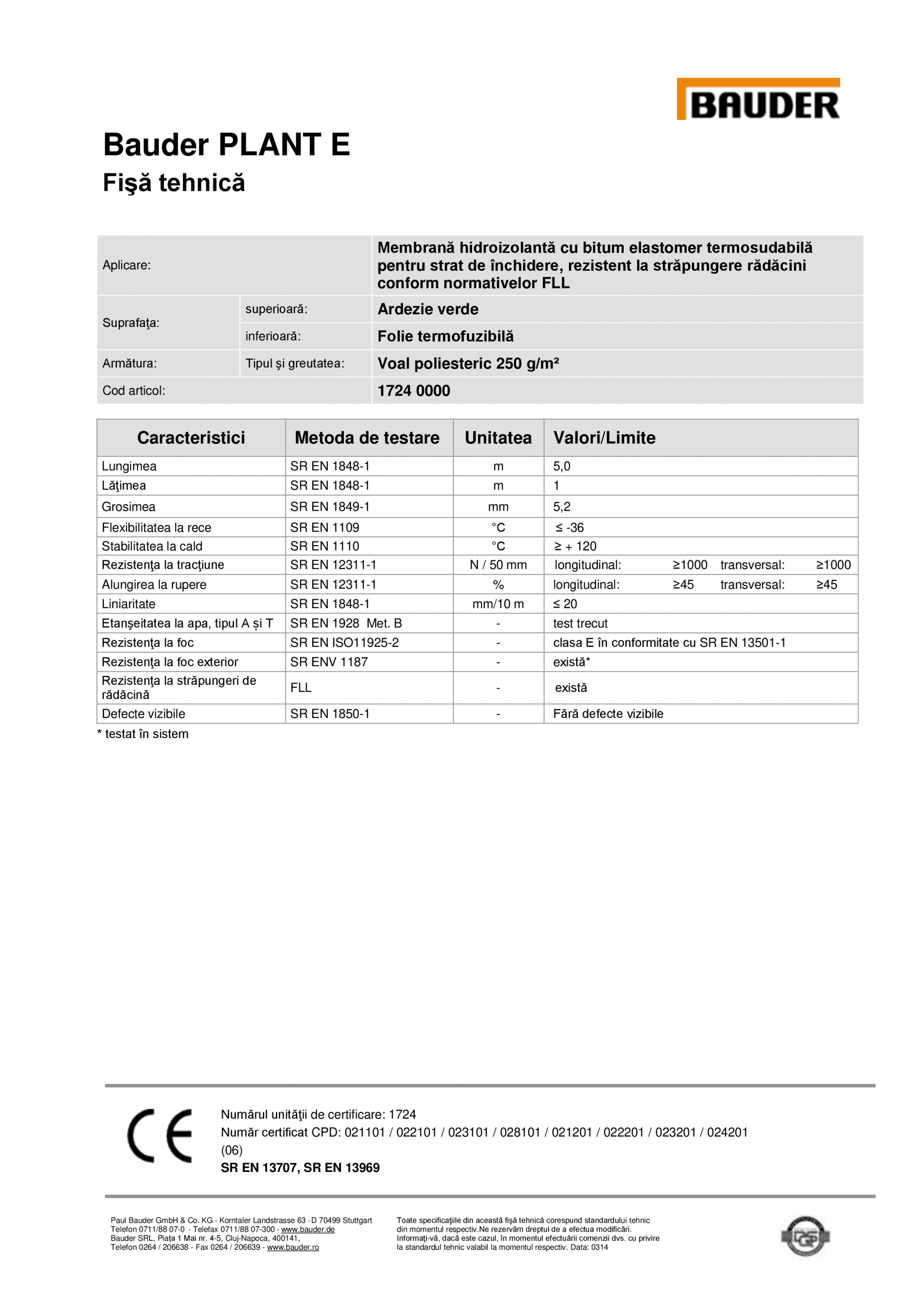 Membrana termosudabila cu bitum elastomer BAUDER PLANT E Fisa tehnica ...