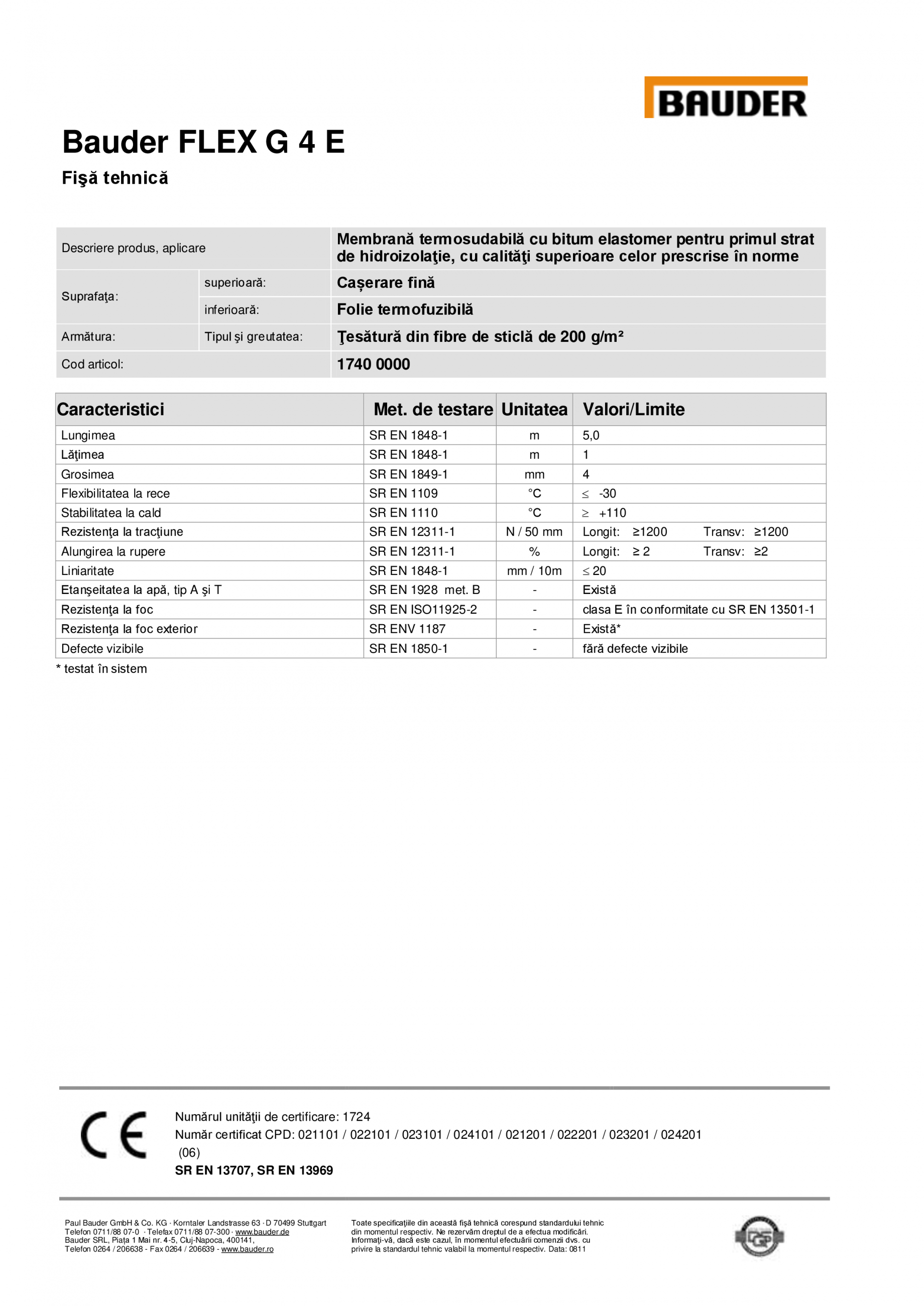 Membrana termosudabila cu bitum elastomer BAUDER FLEX G4E Fisa tehnica ...