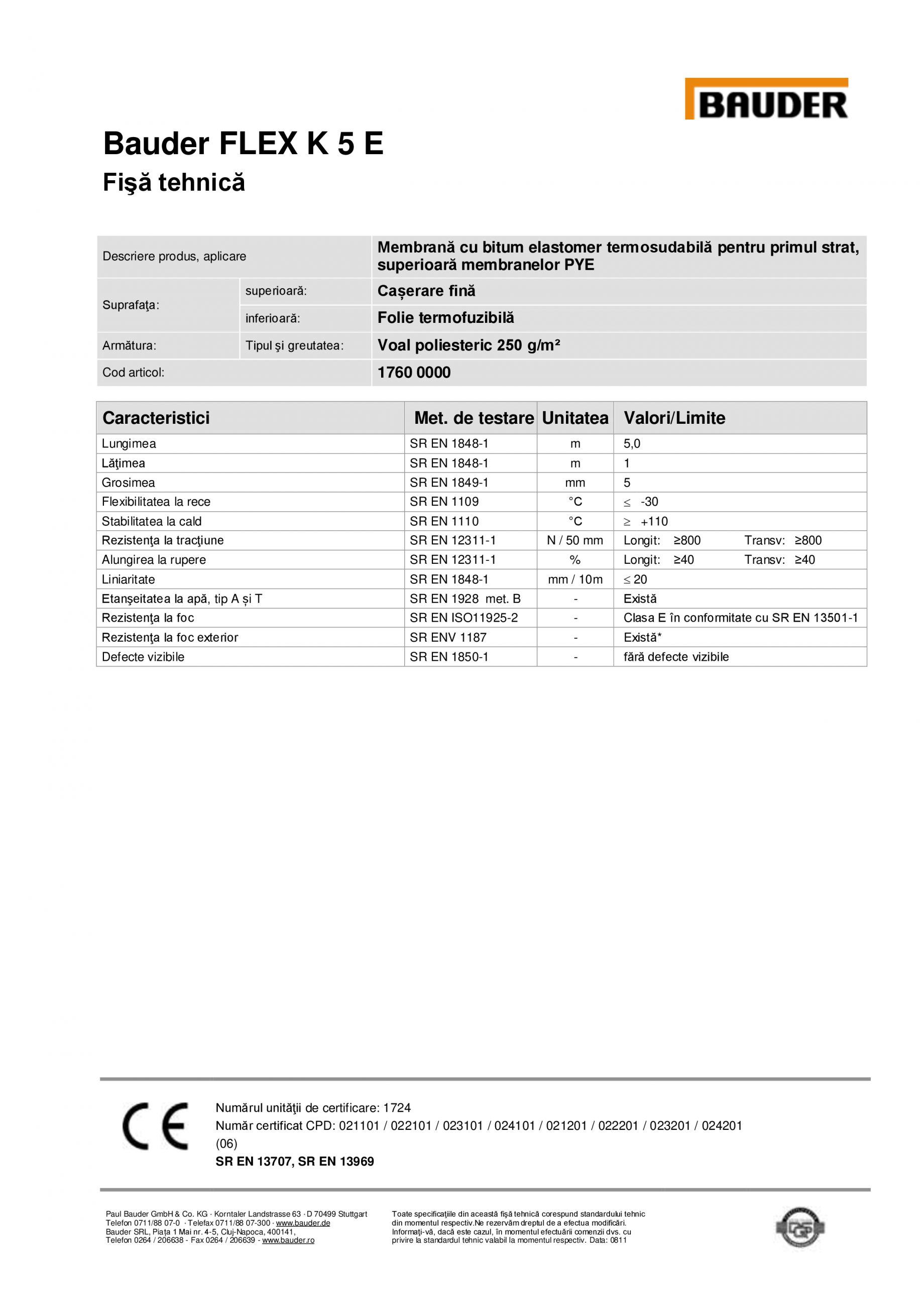 Membrana termofuzibila cu bitum elastomer BAUDER FLEX K5E Fisa tehnica Romana